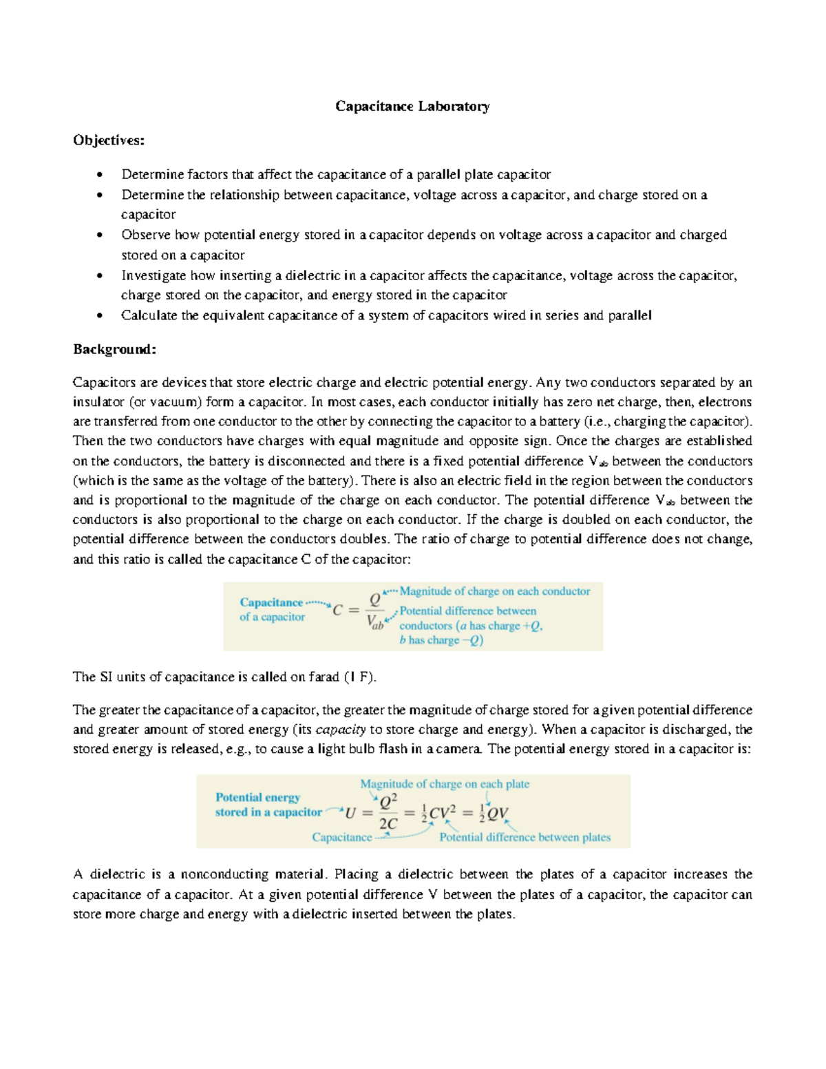 Capacitance Lab - Capacitance Laboratory Objectives: Determine factors ...