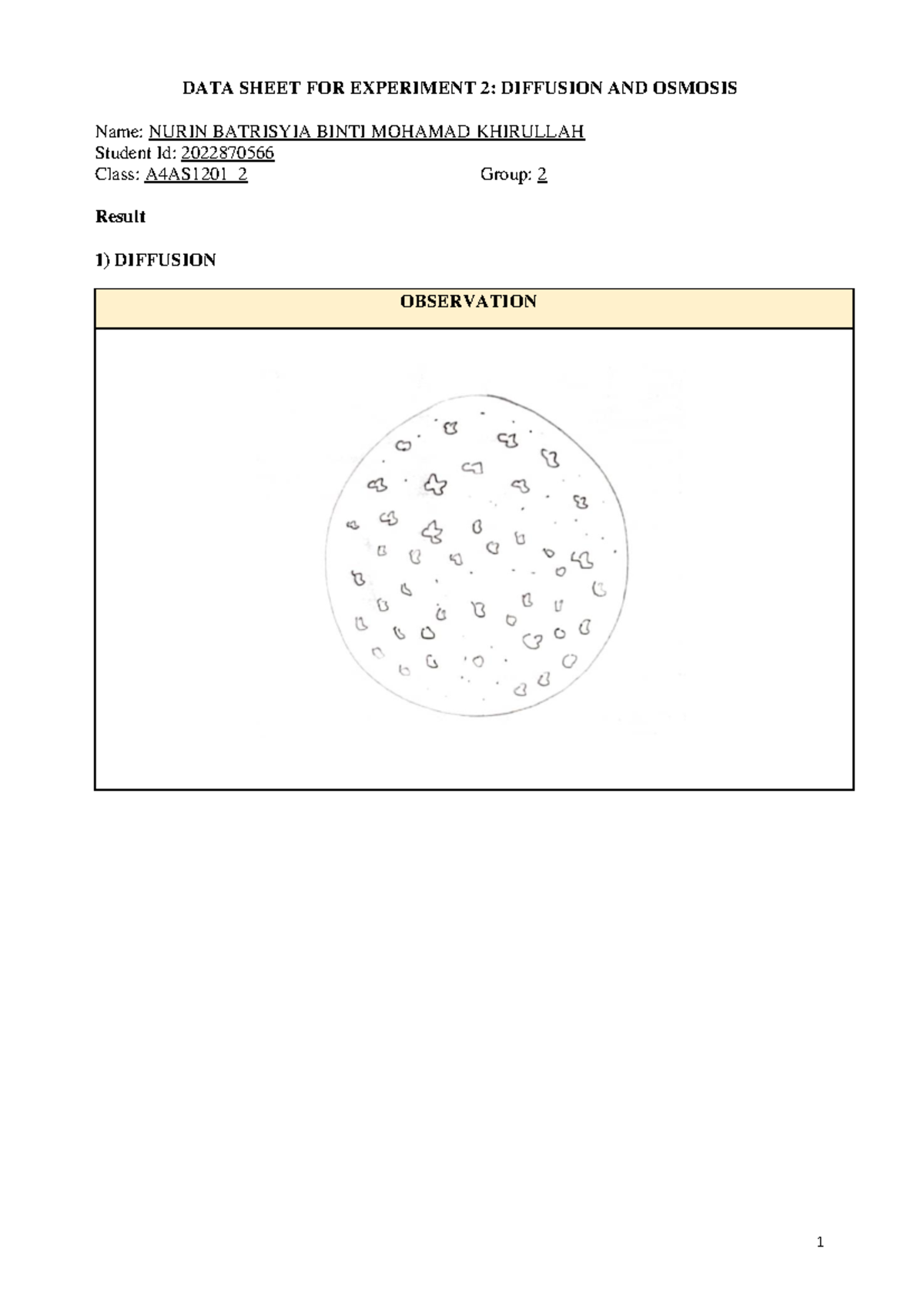 2.2 DATA Sheet FOR Experiment 2- Diffusion AND Osmosis (FOR Students) - DATA SHEET FOR ...