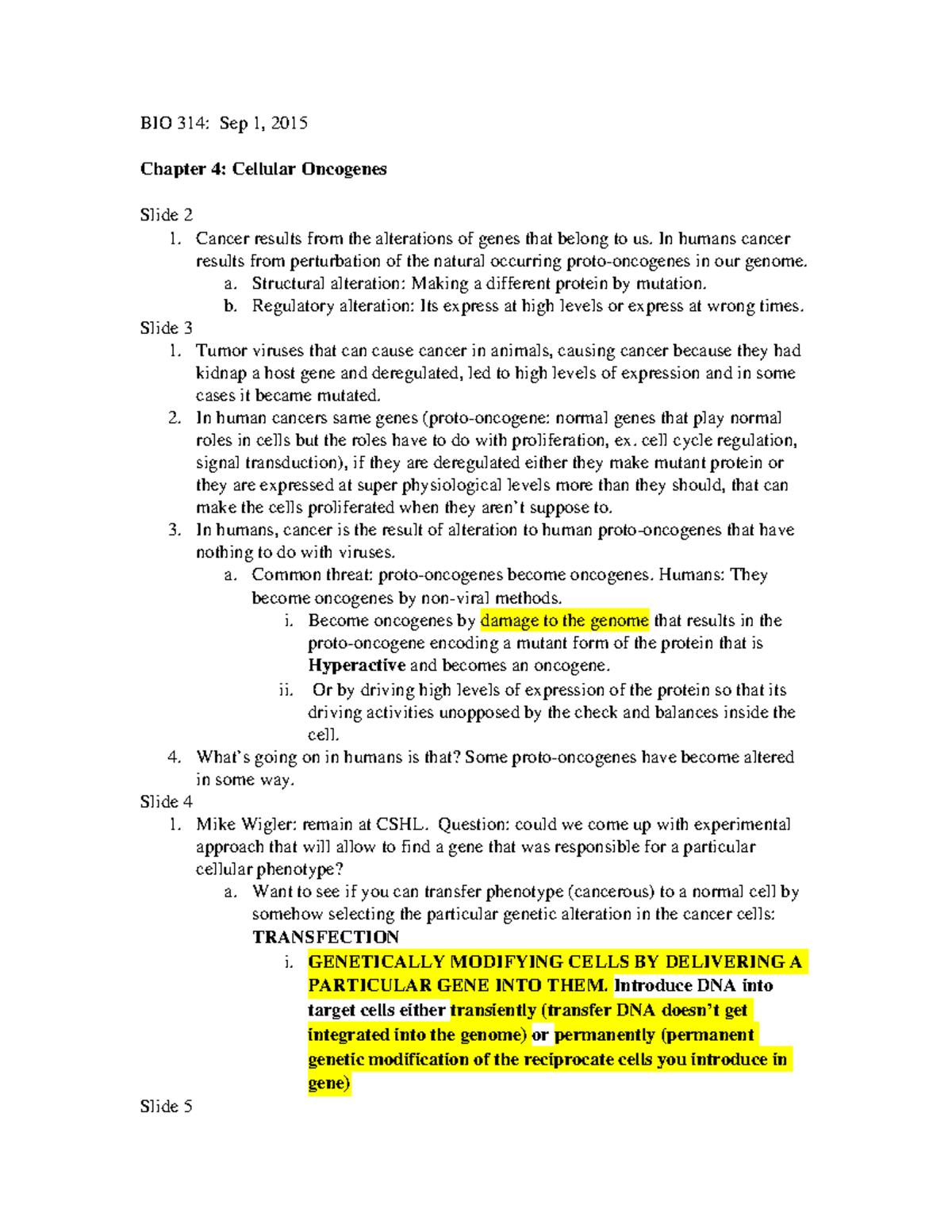Docx - Lecture 3 Cancer Bio Notes - BIO 314: Sep 1, 2015 Chapter 4 ...
