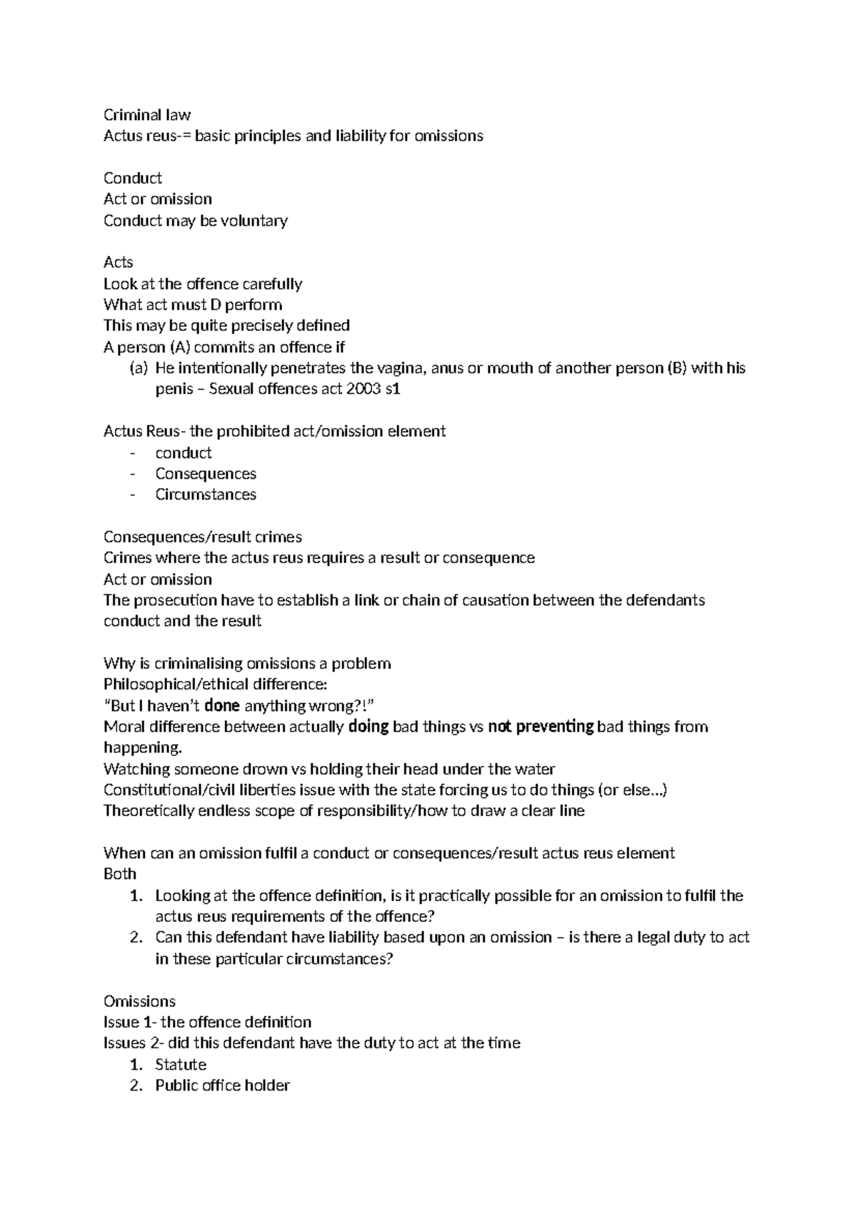 criminal law Lecture 2 AR basic principles - Criminal law Actus reus ...