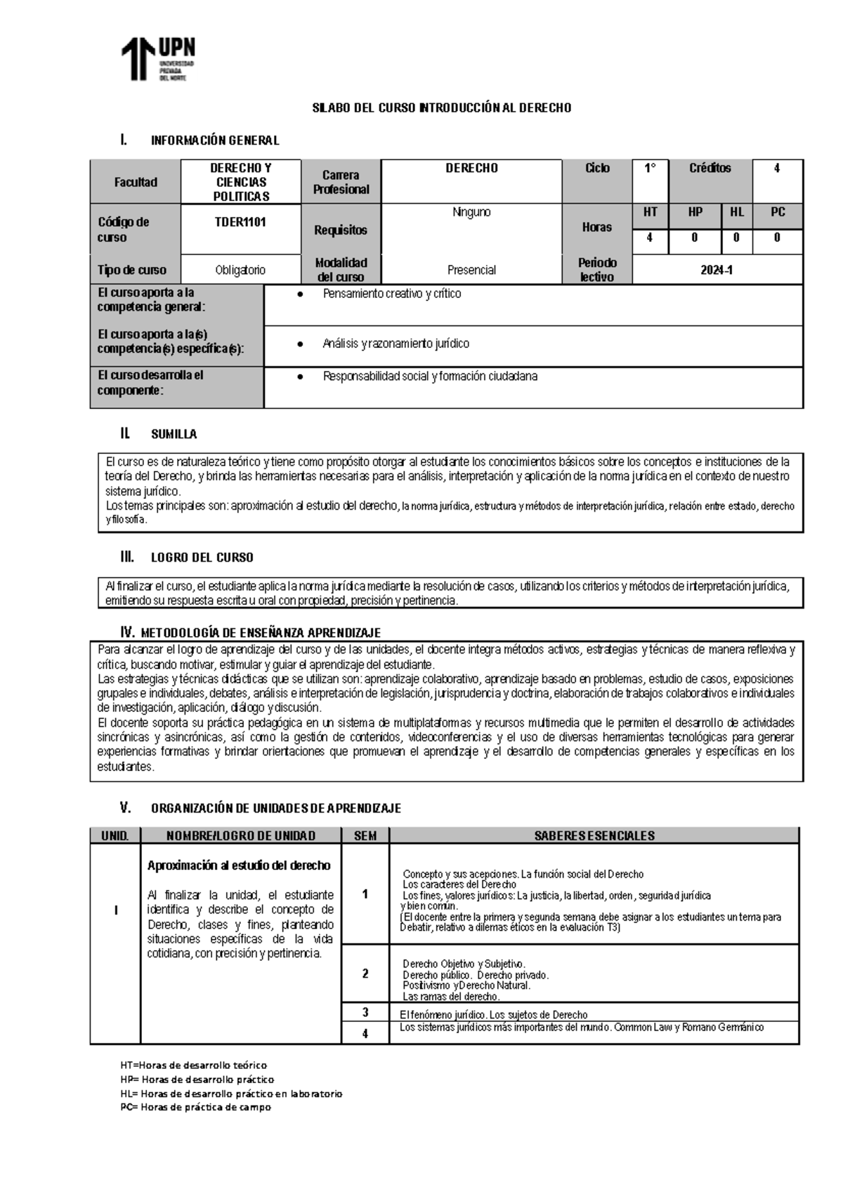 Silabo Introduccion 2024-1 - HT=Horas de desarrollo teórico HP= Horas de desarrollo práctico HL ...