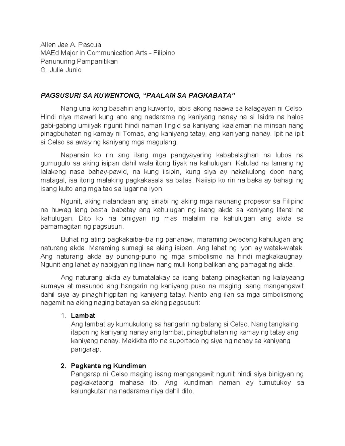 Pagsusuri SA Kuwento - Hello - Allen Jae A. Pascua MAEd Major in ...