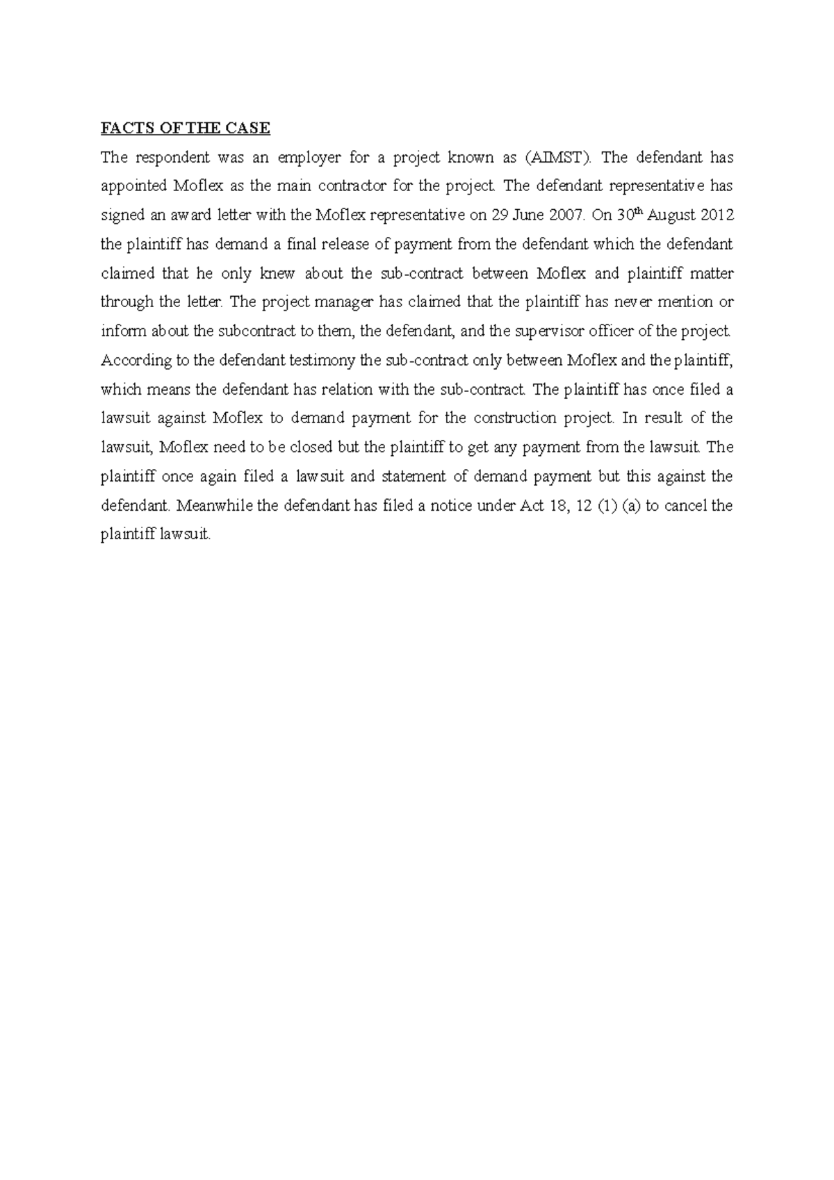 Facts OF THE CASE - Law cases for tutorial - FACTS OF THE CASE The ...