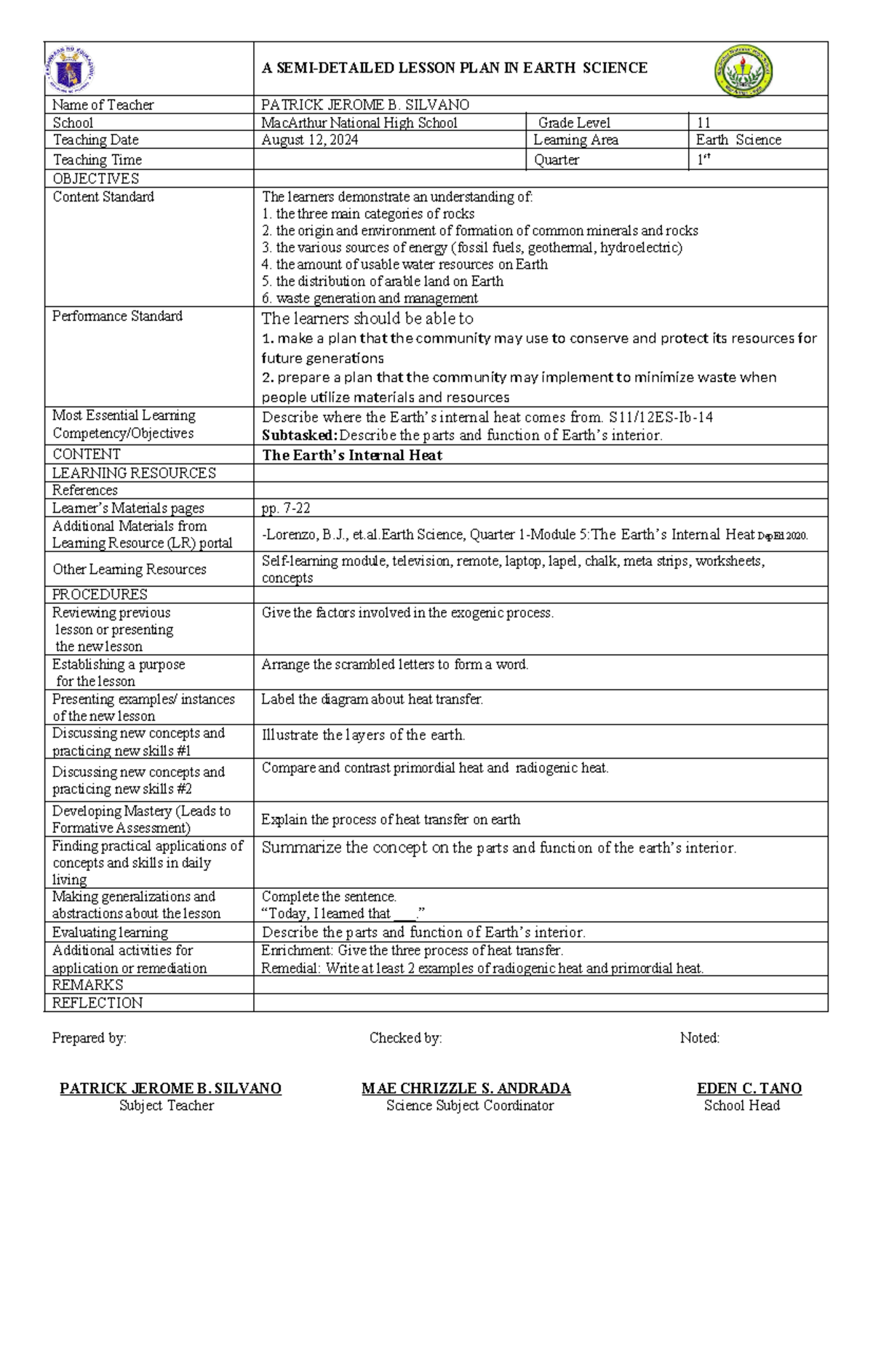 STEM LP 6 - lesson plan number 6 - Prepared by: Checked by: Noted ...