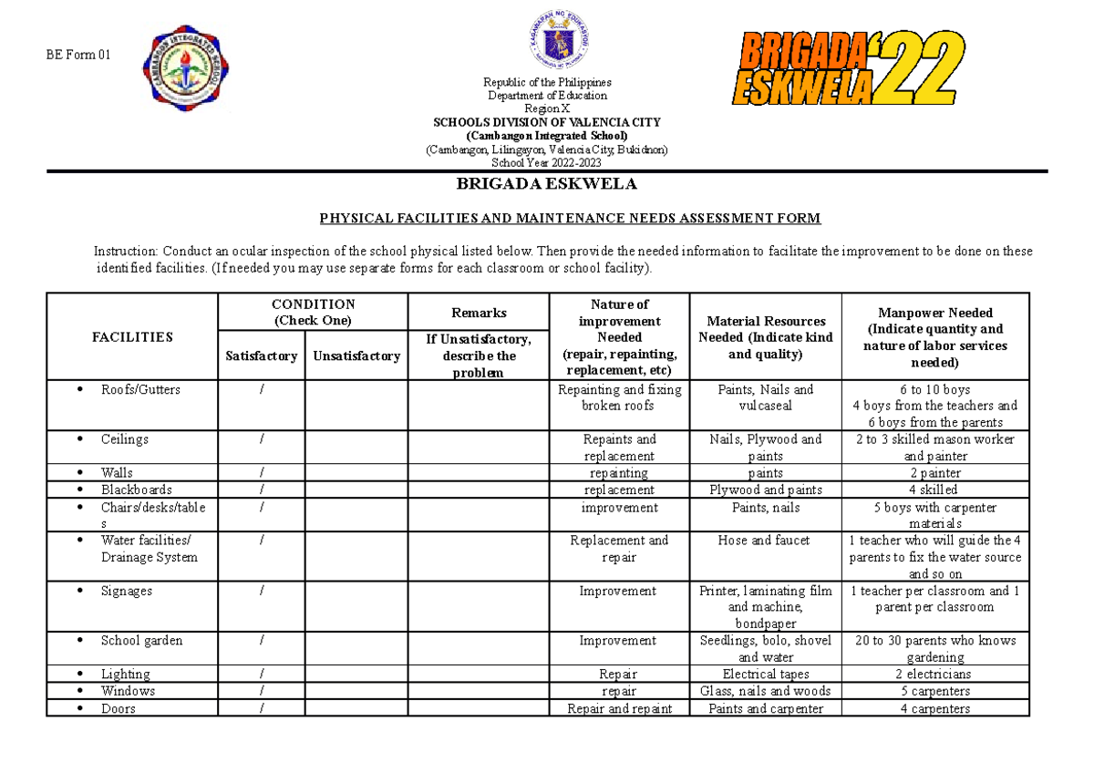 BE-Form-1 Cambangon - This is for Brigada - BE Form 01 Republic of the Philippines Department of ...