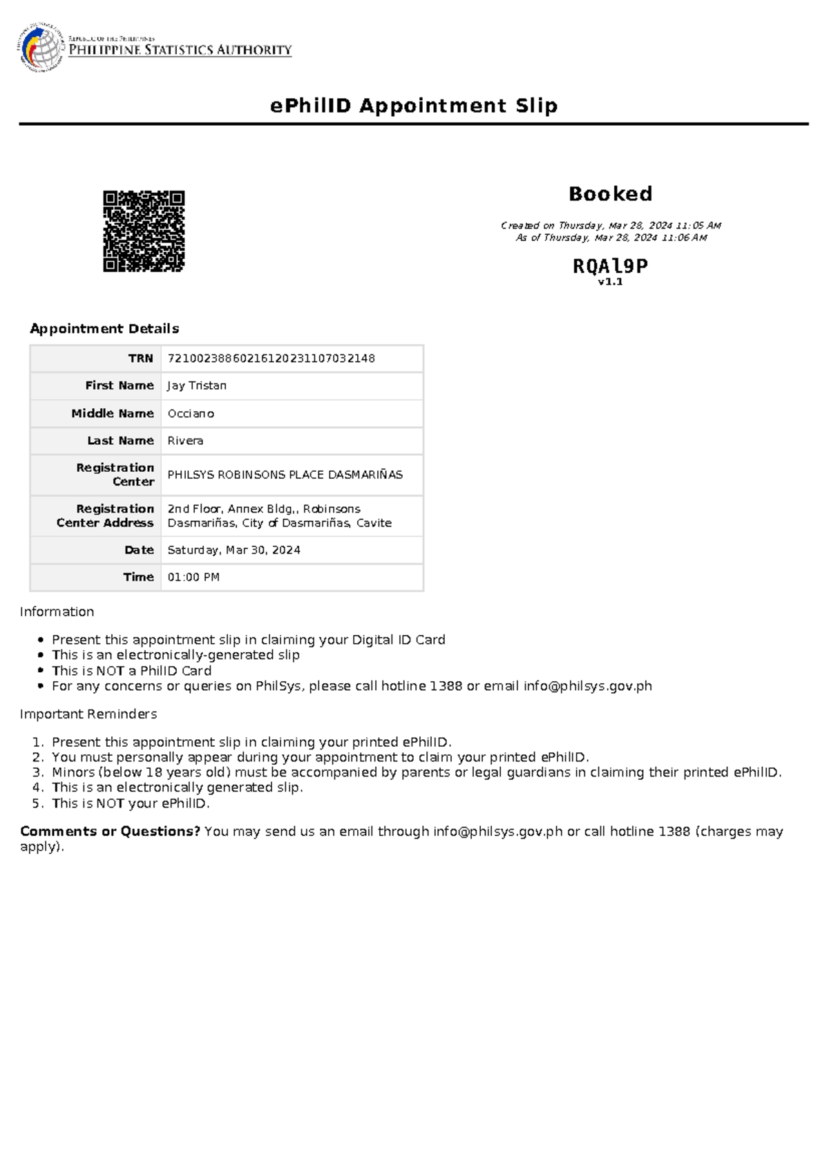 Document - asdsda - ePhilID Appointment Slip Booked Created on Thursday ...