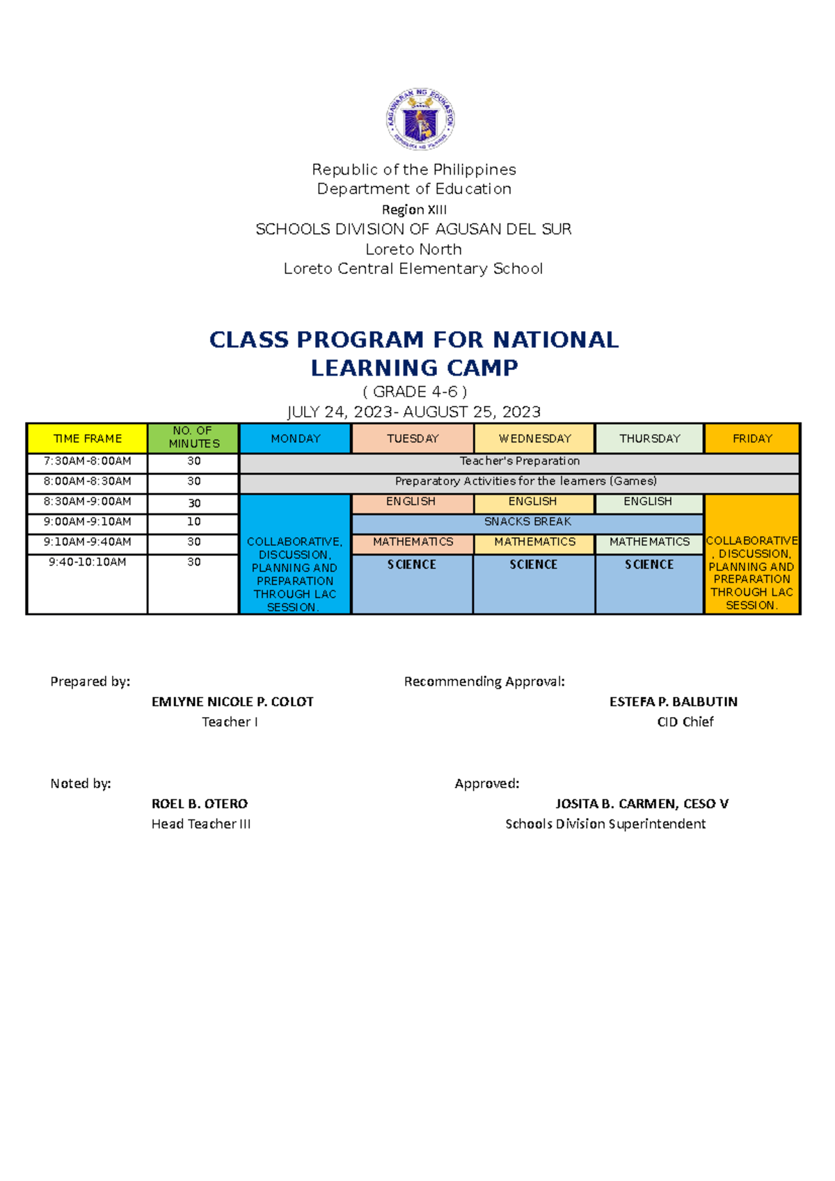 Class Program Grades 3 4 - Republic of the Philippines Department of ...