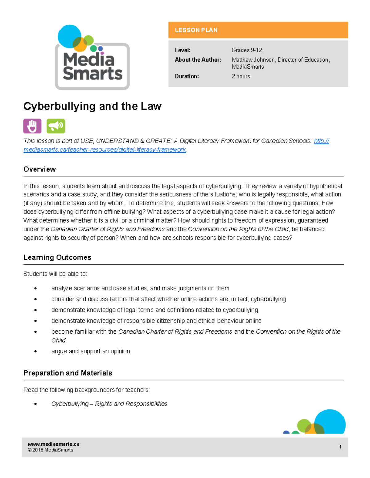 Lesson Cyberbullying Law Grades 9-12 - mediasmarts Cyberbullying and ...