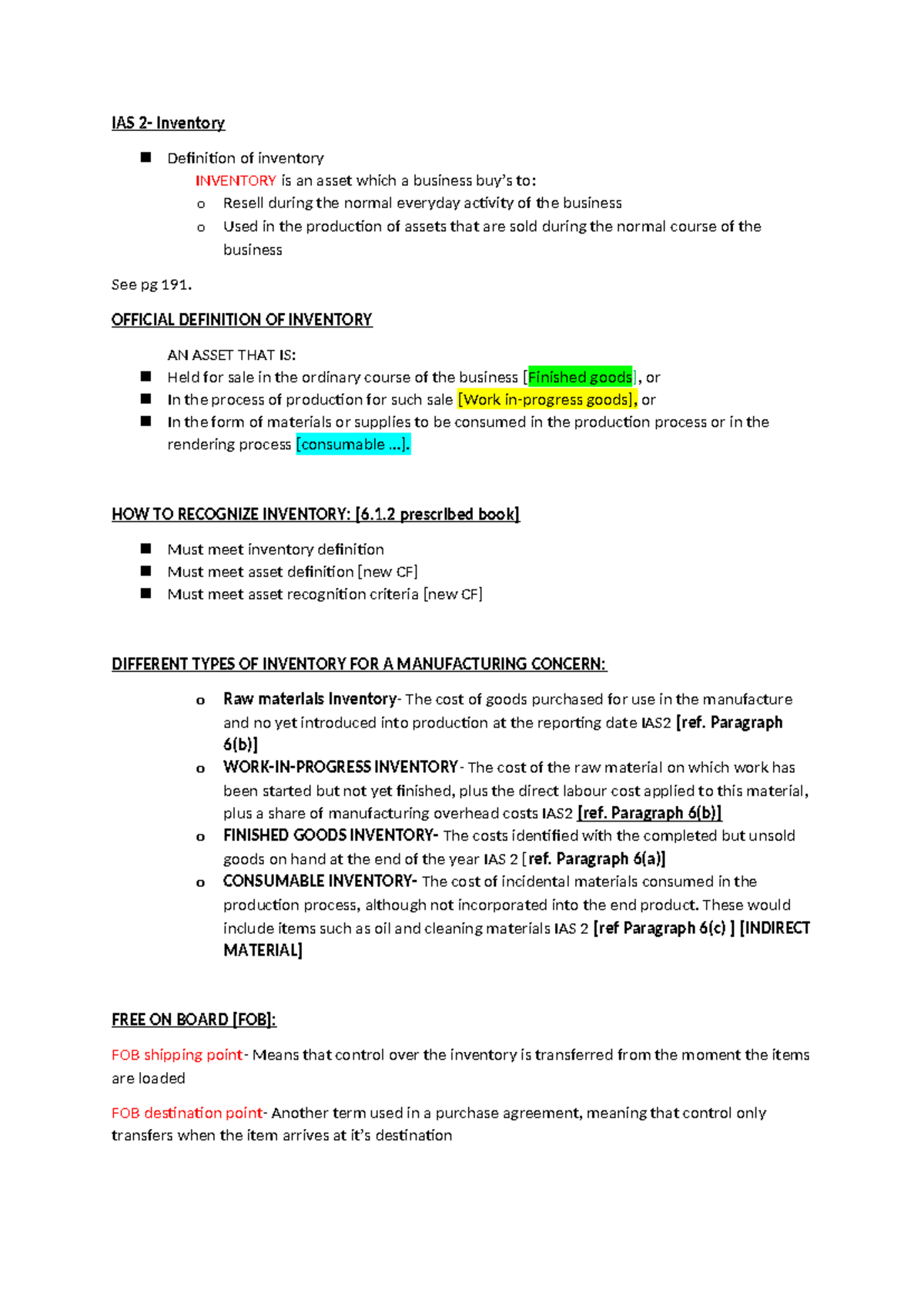 IAS 2 - notes - IAS 2- Inventory Definition of inventory INVENTORY is ...