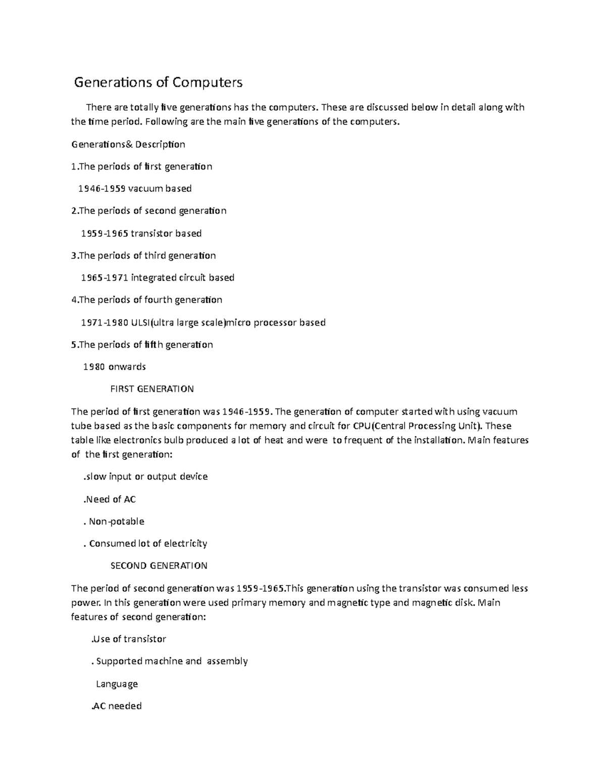 Five generations of Computers - Generations of Computers There are ...