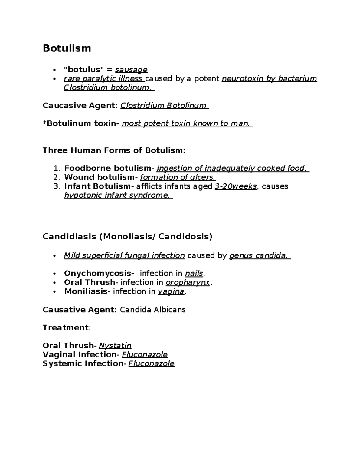 Botulism & Candidiasis - Botulism "botulus" = sausage rare paralytic ...