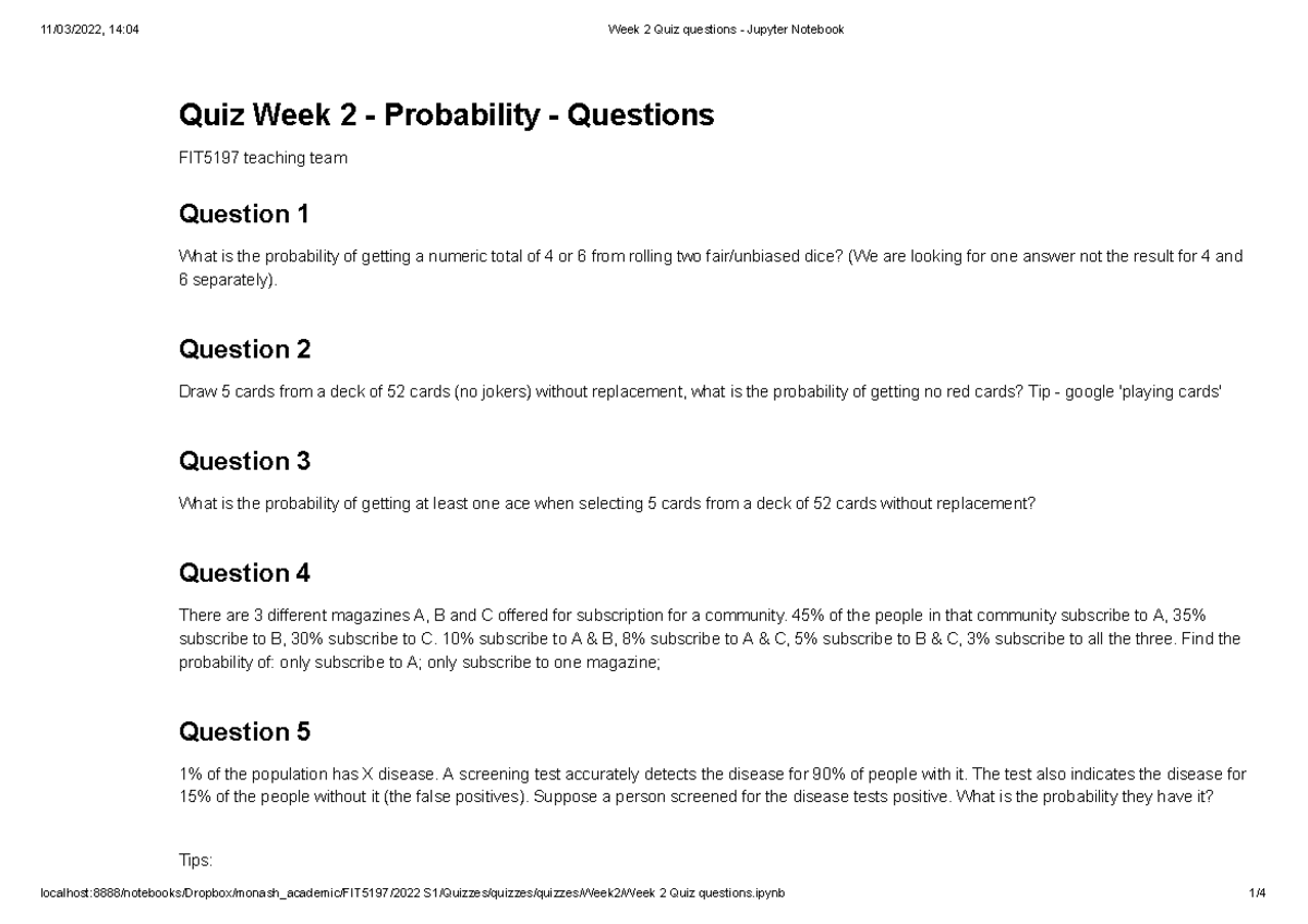 Week 2 Quiz Questions - this is a math unit - Quiz Week 2 - Probability - Questions FIT5197 ...