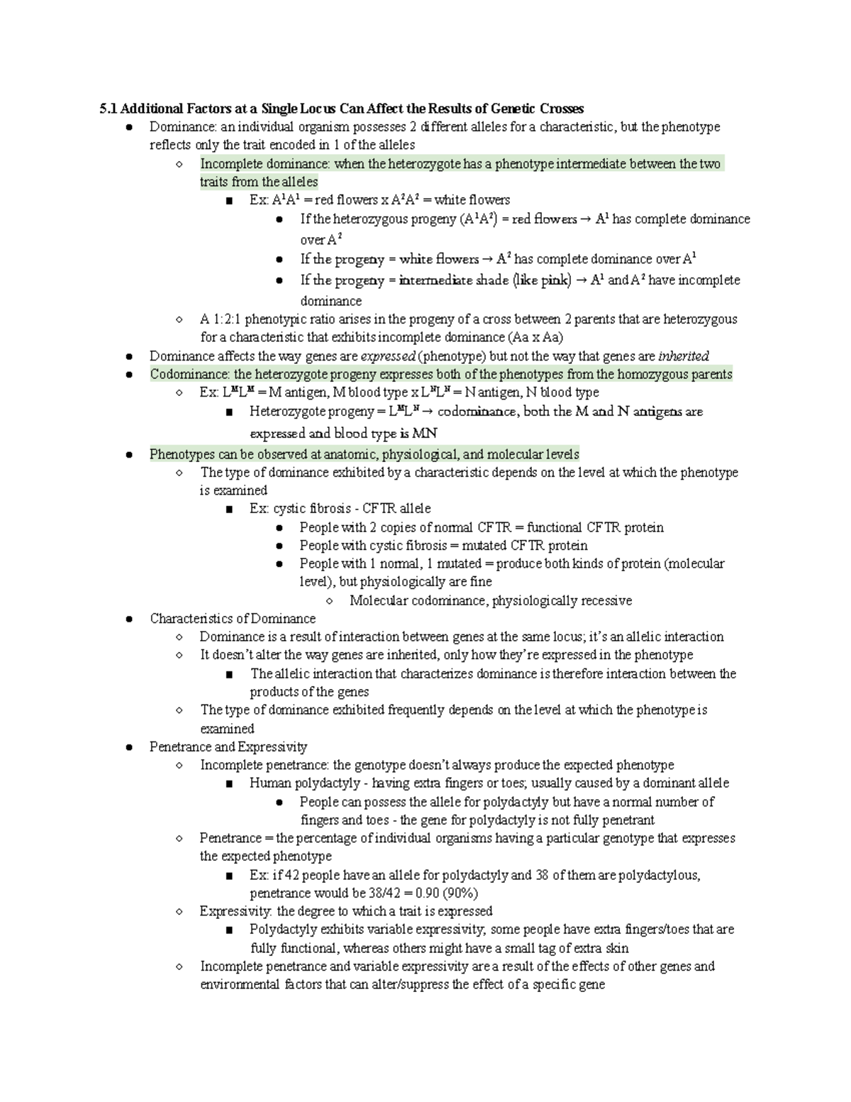 BIO 142 Week 5 Readings - Chapter 5 - dominance interactions, gene ...