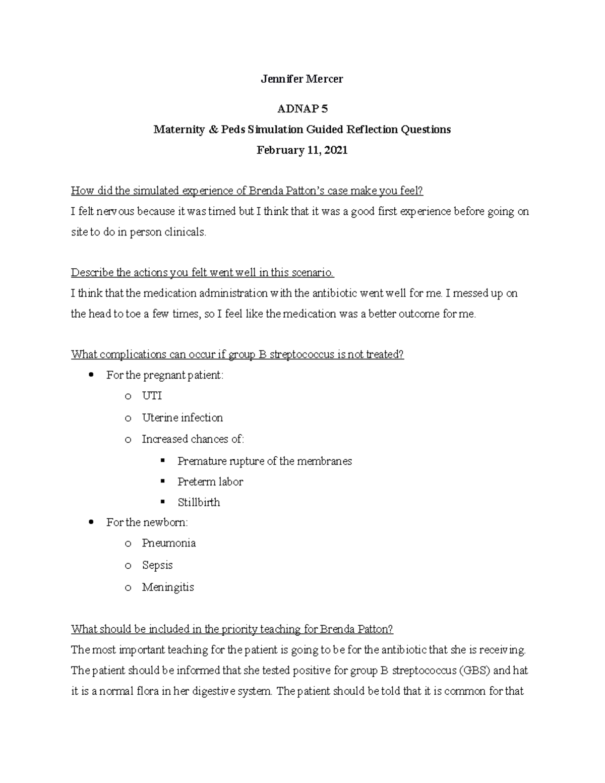 Sim guided reflection questions - Jennifer Mercer ADNAP 5 Maternity ...