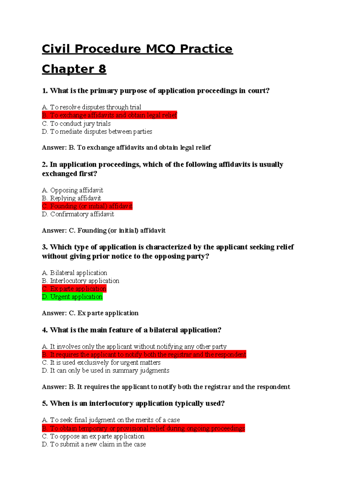 Civil mcqs test 2 - Civil Procedure MCQ Practice Chapter 8 1. What is ...