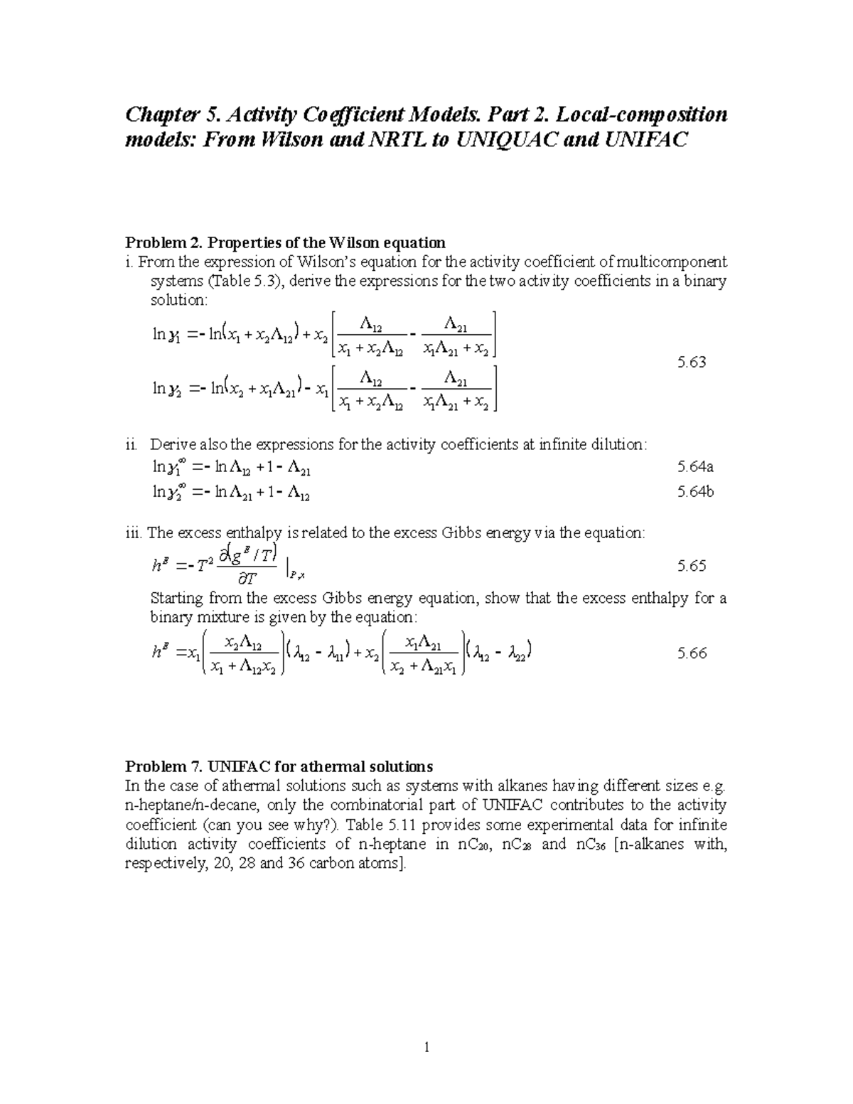 Exercises Chapter 5 - Chapter 5. Activity Coefficient Models. Part 2 ...