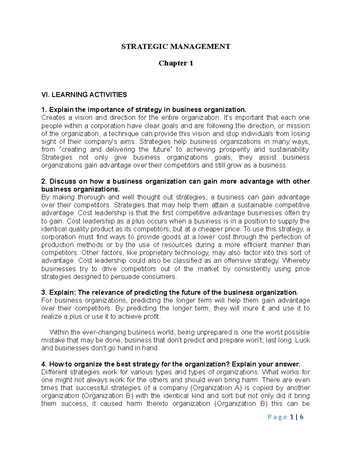 Stratigic Management 1 - STRATEGIC MANAGEMENT Chapter 1 VI. LEARNING ...