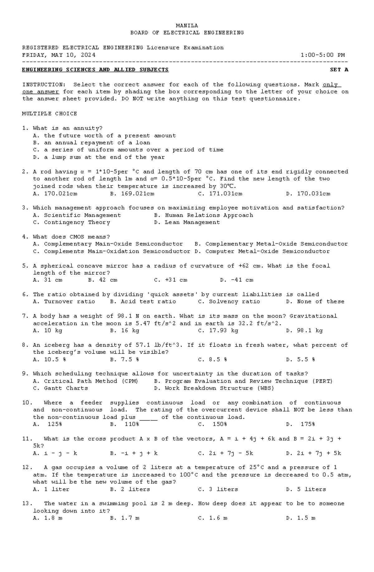 Preboard EXAM ESAS SET A - MANILA BOARD OF ELECTRICAL ENGINEERING ...