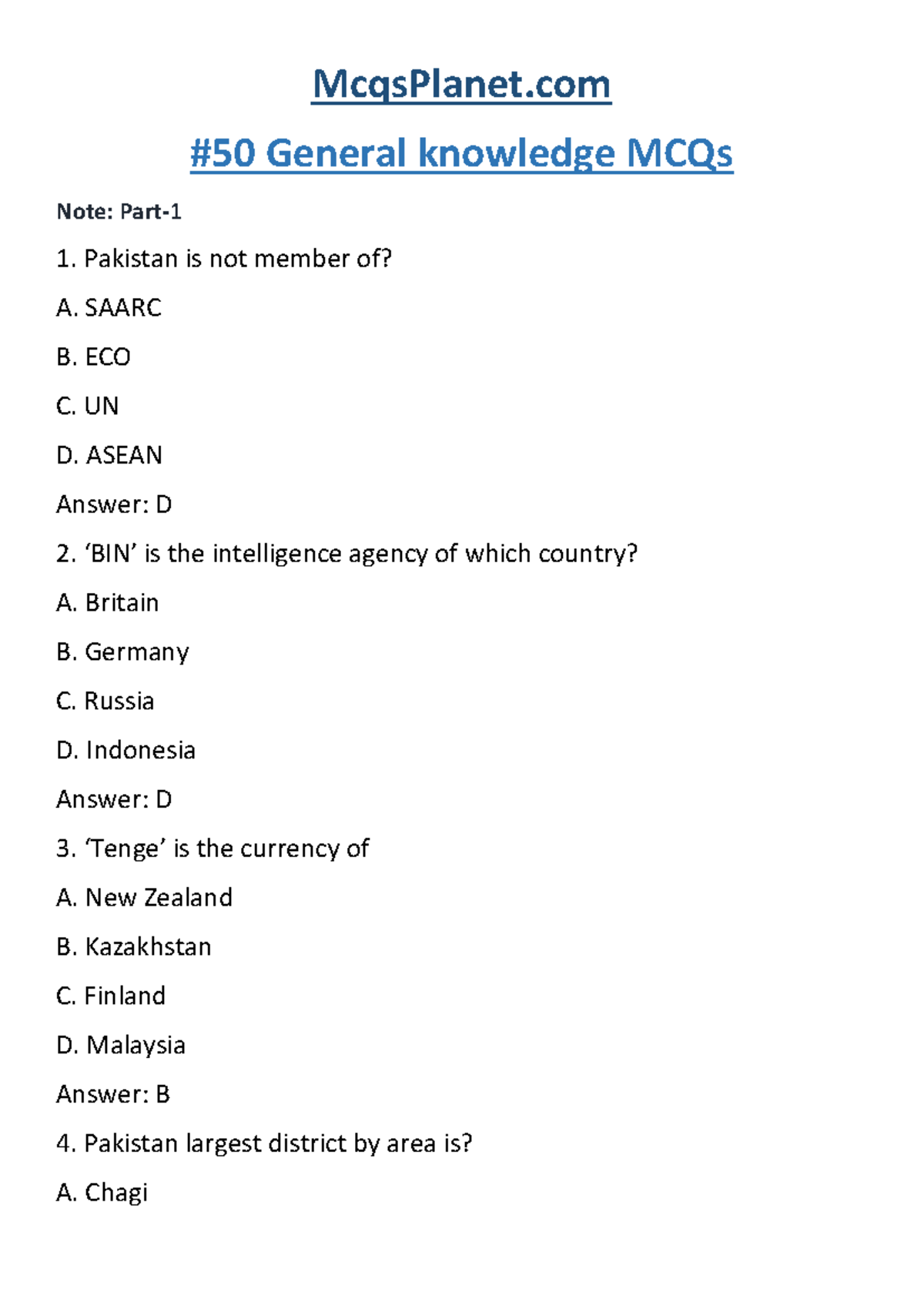 Mcqs Planet 50 General Knowledge MCQs - McqsPlanet # 50 General knowledge MCQs Note: Part- 1 1 ...