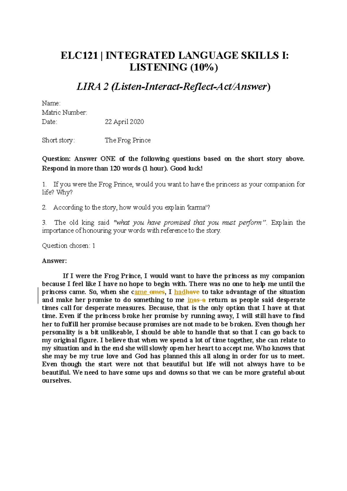 ELC121 - LIRA 1 - THE FROG Prince - ELC121 | INTEGRATED LANGUAGE SKILLS I: LISTENING (10%) LIRA ...