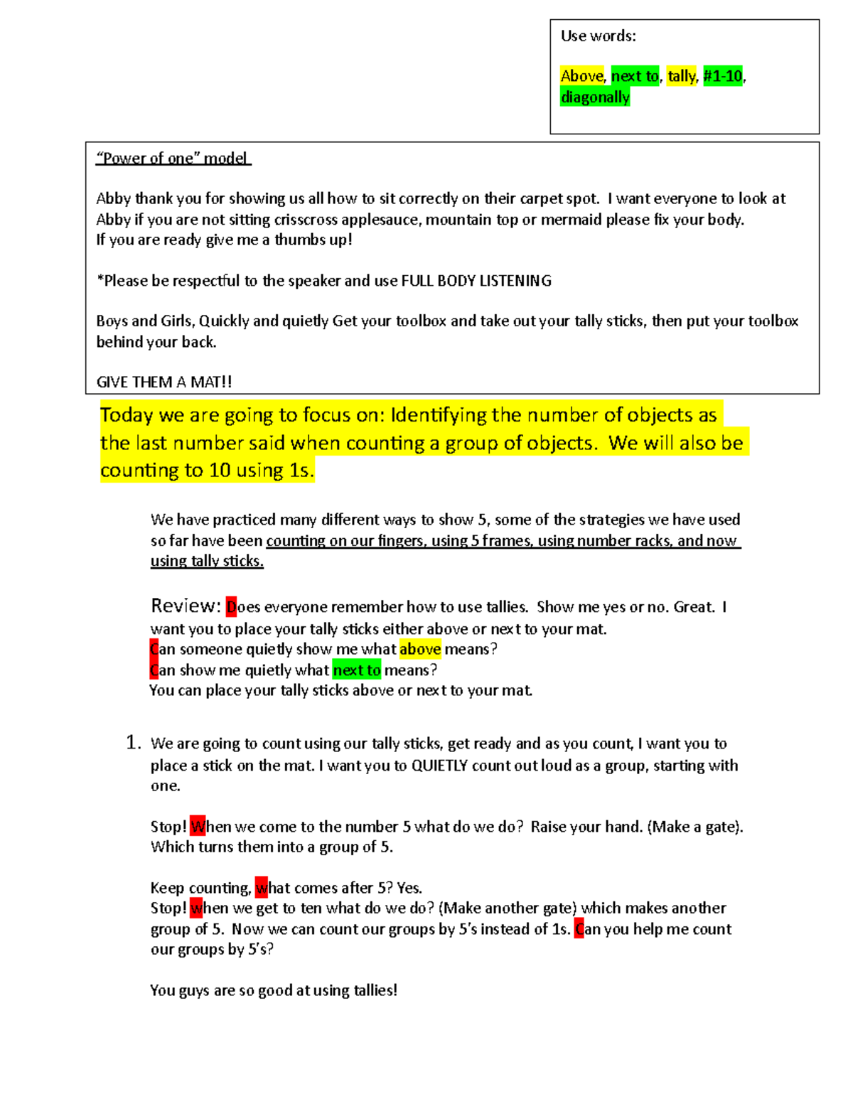Lesson plan Bridges tally tallies - Today we are going to focus on ...