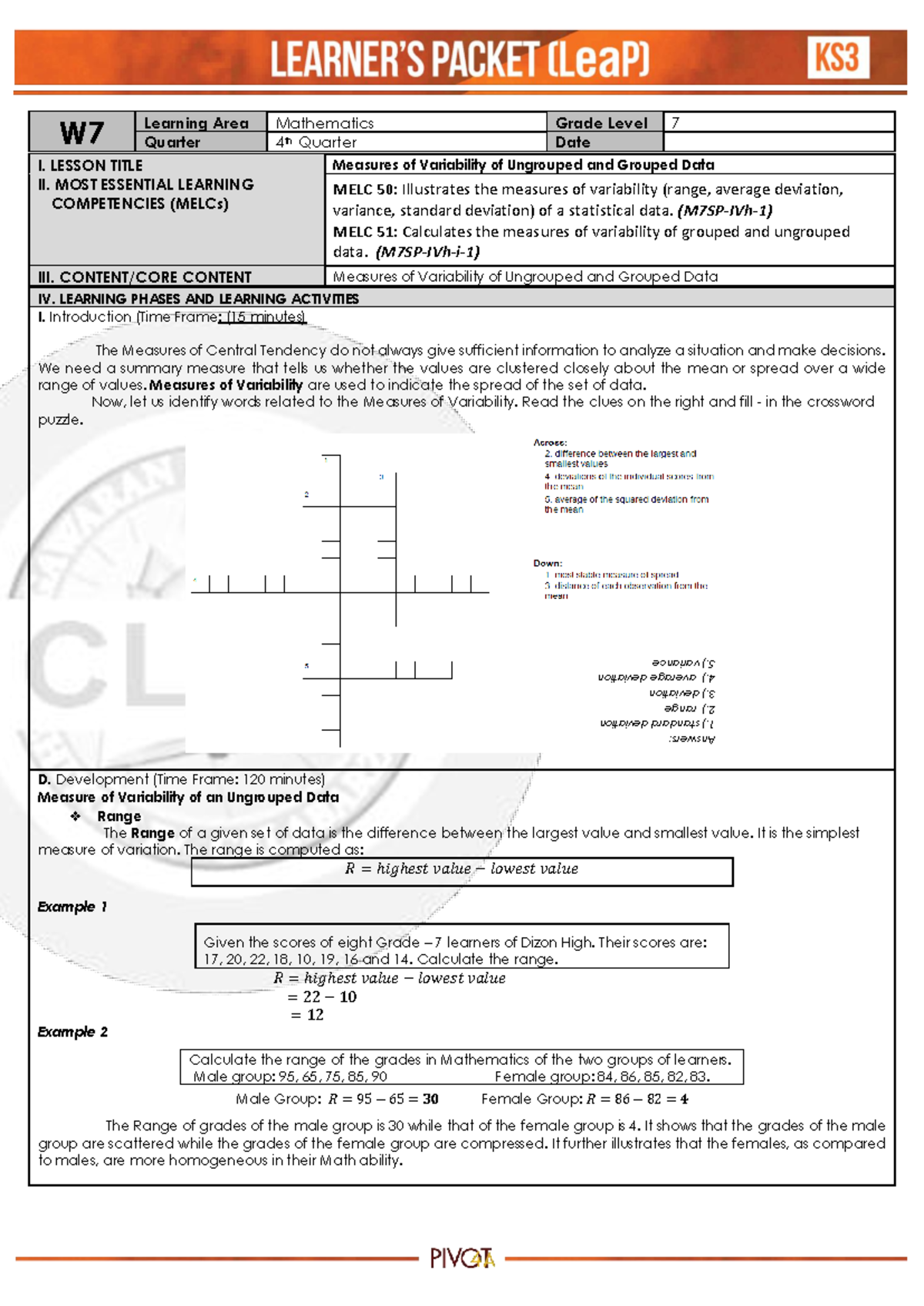 Q4 Math 7 Week 7 - Answers: 1.) standard deviation 2.) range 3 ...