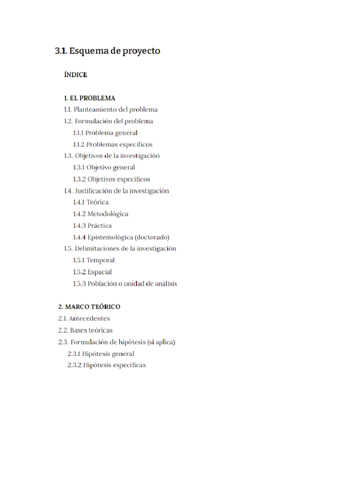 Esquema del proyecto de investigación - 3. Esquema de proyecto ÍNDICE 1. EL PROBLEMA 1. - Studocu