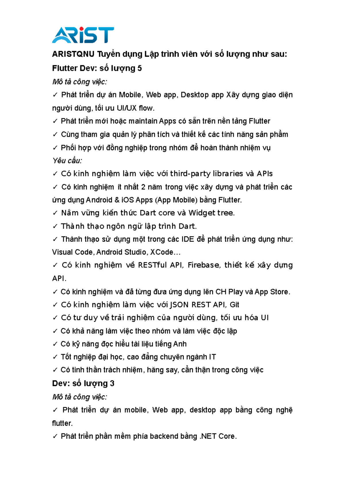 Arist QNU Tuyển dụng - xsax - ARISTQNU Tuyển dụng Lập trình viên với số ...