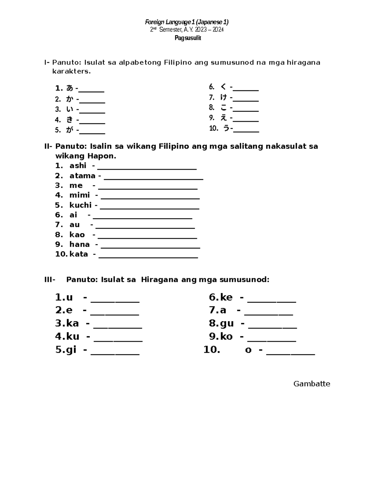 Pagsusulit 1 in Japanese 1 - Foreign Language 1 (Japanese 1) 2 nd ...