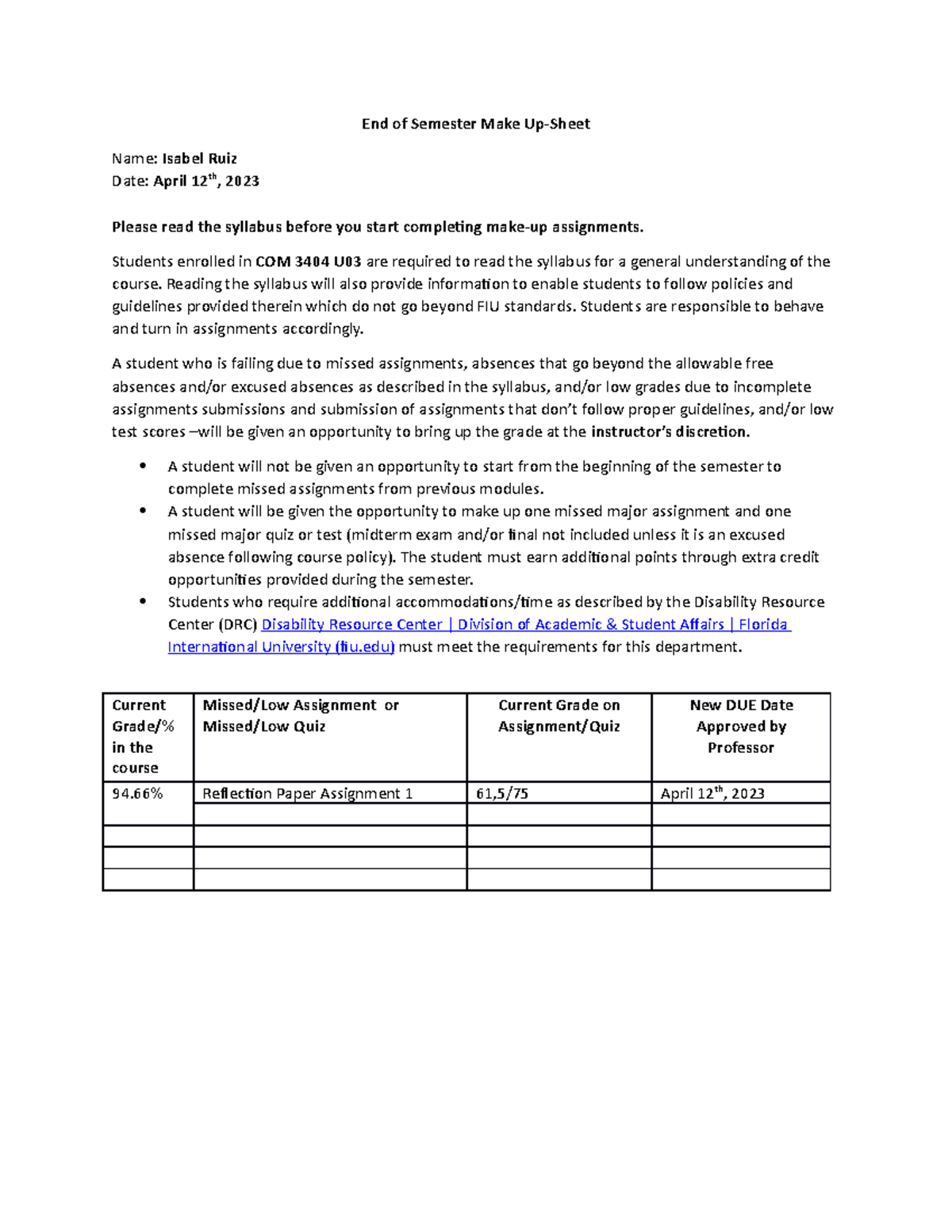 Course Make Up Form - End of Semester Make Up-Sheet Name: Isabel Ruiz ...
