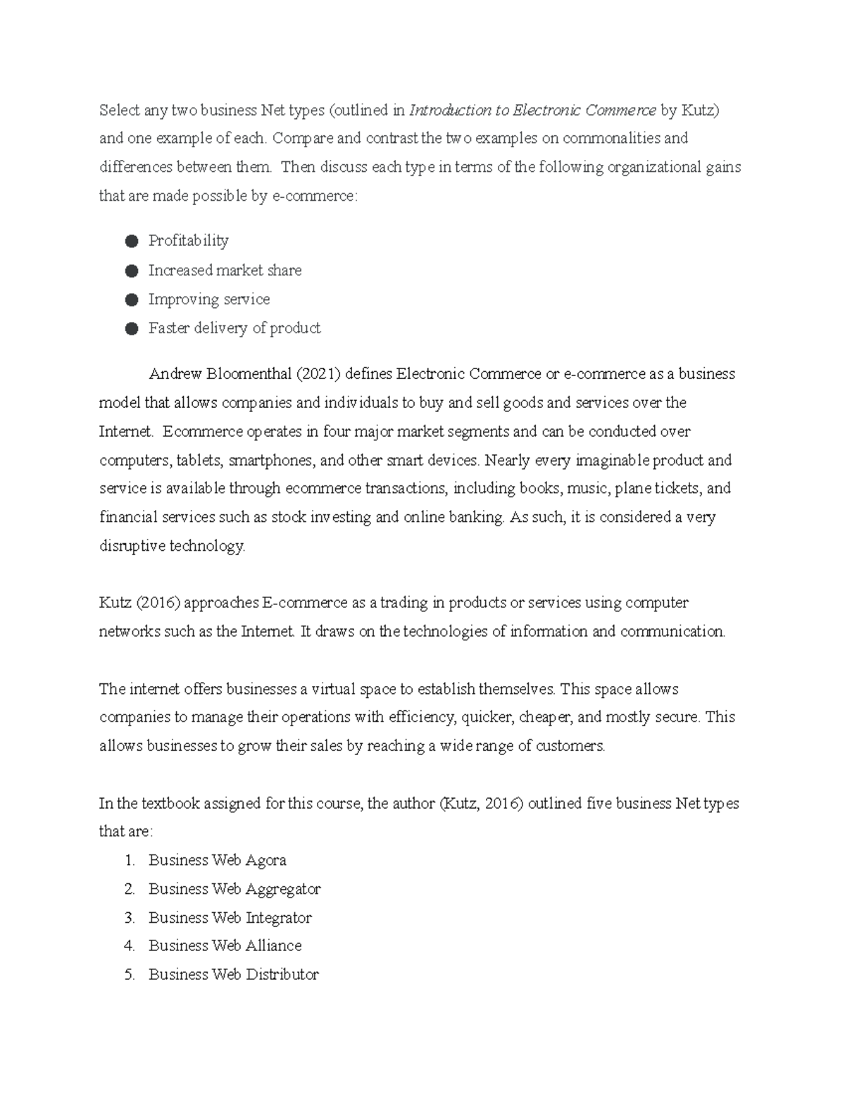 BUS 2202 Written assignment unit 1 - Select any two business Net types (outlined in Introduction ...