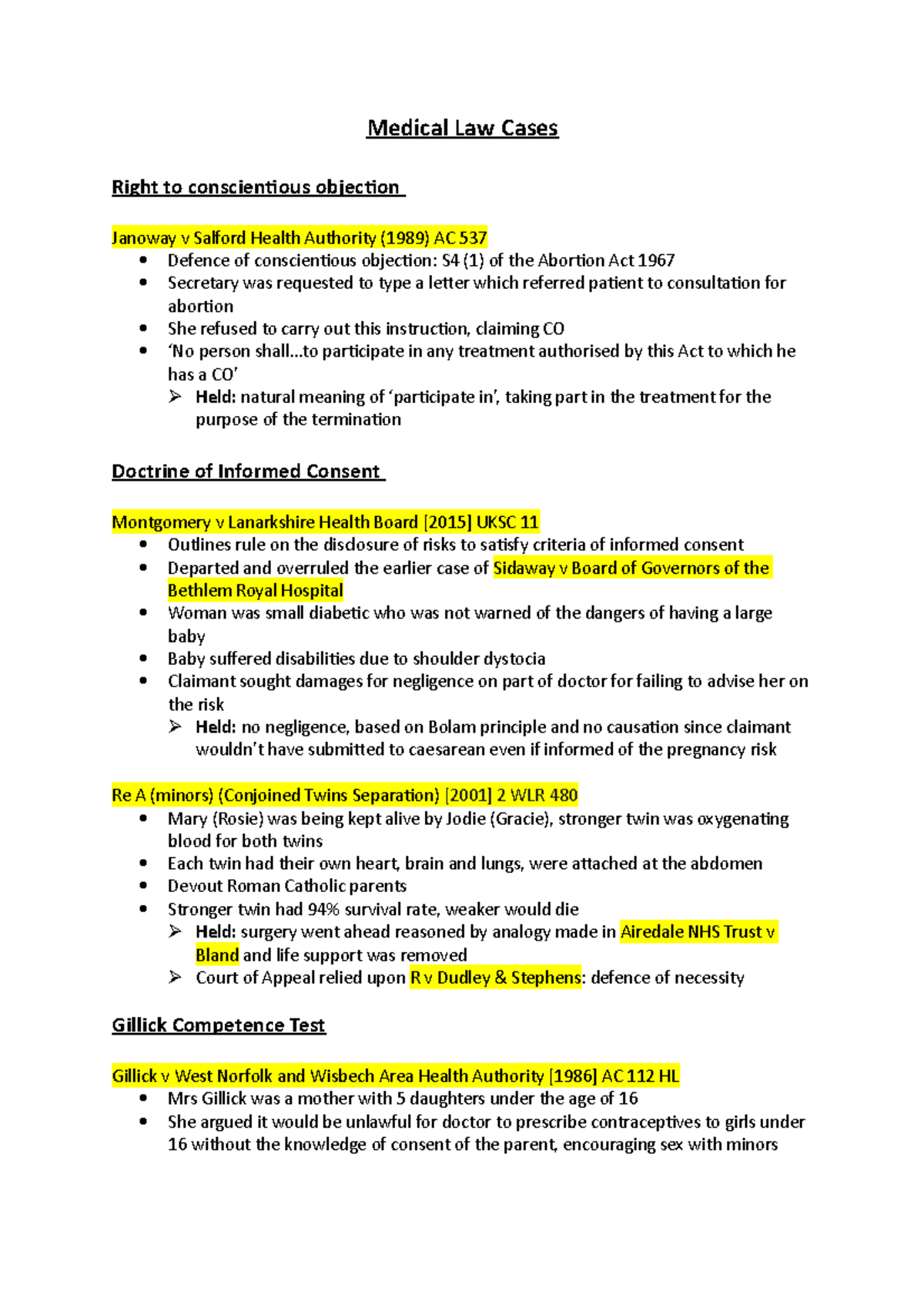 Medical Law Key Cases - Medical Law Cases Right to conscientious ...