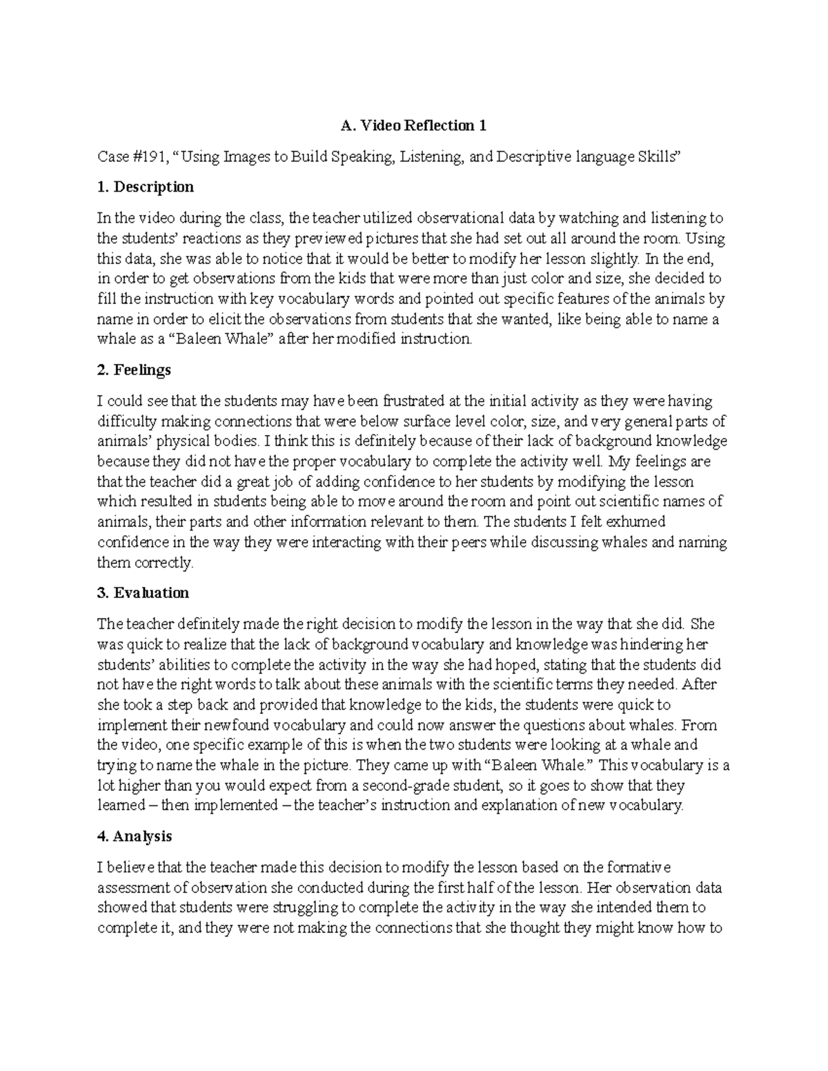 Task 1 differentiating Instruction - A. Video Reflection 1 Case #191, “Using Images to Build ...