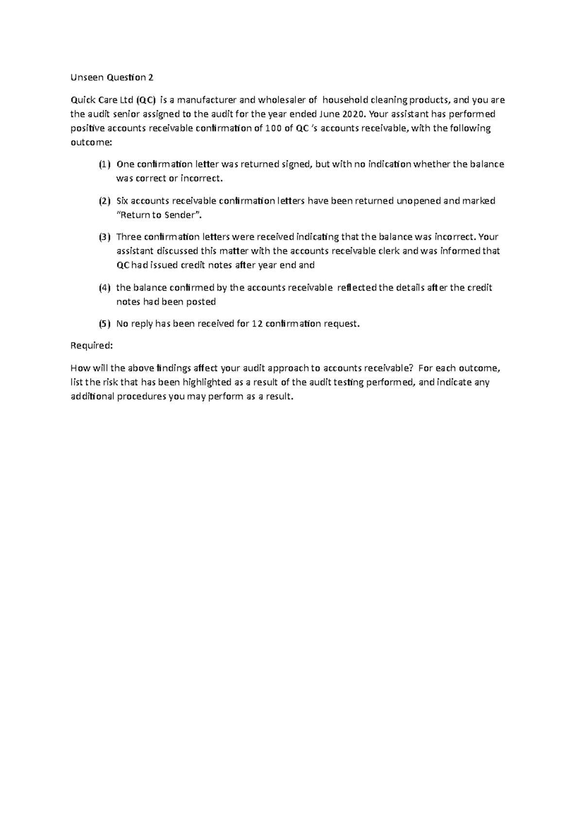 Unseen Question 2, - Module 09 - Unseen Question 2 Quick Care Ltd (QC ...