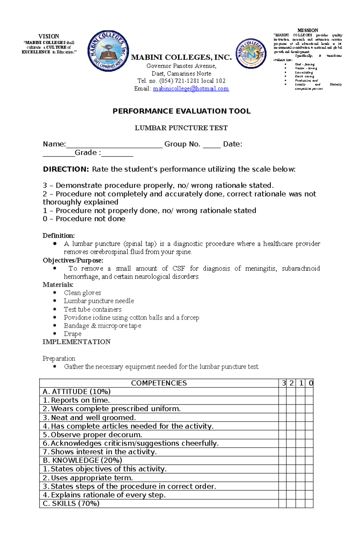 Lumbar-Puncture-Checklist - MABINI COLLEGES, INC. Governor Panotes ...