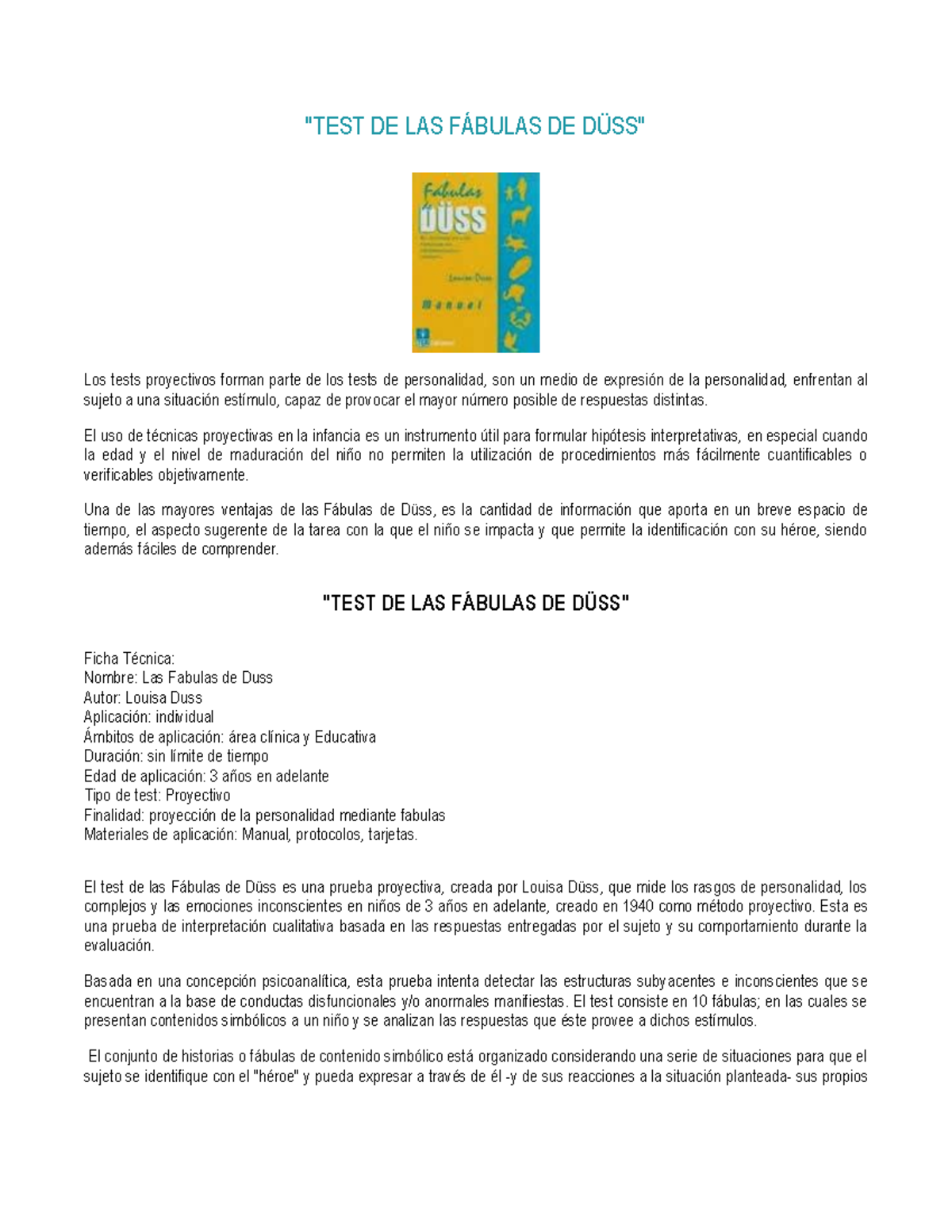 TEST DE LAS Fábulas DE DÜSS - "TEST DE LAS FÁBULAS DE DÜSS" Los tests ...