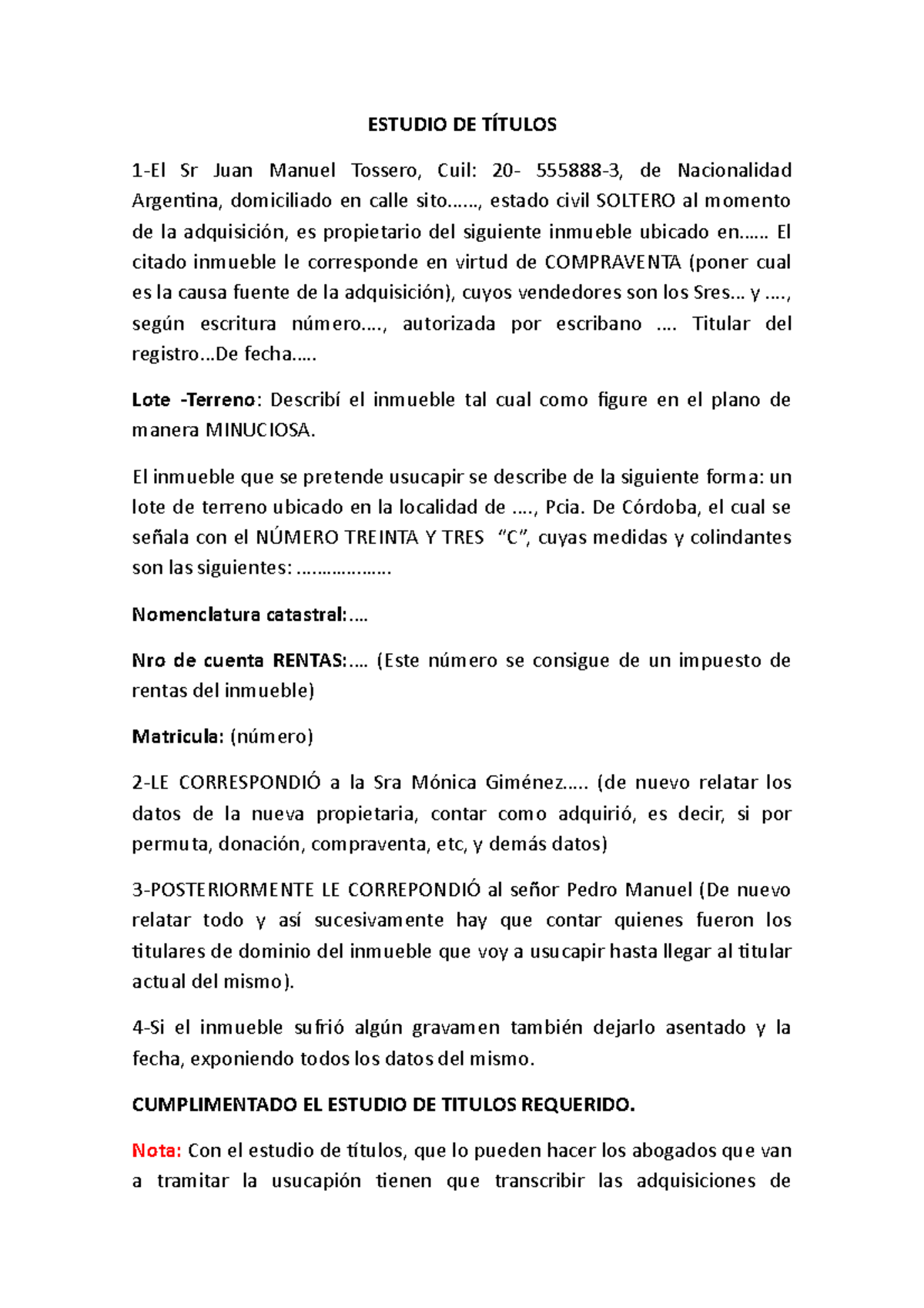 Estudio DE Titulos - modelo escrito - ESTUDIO DE TÍTULOS 1-El Sr Juan ...