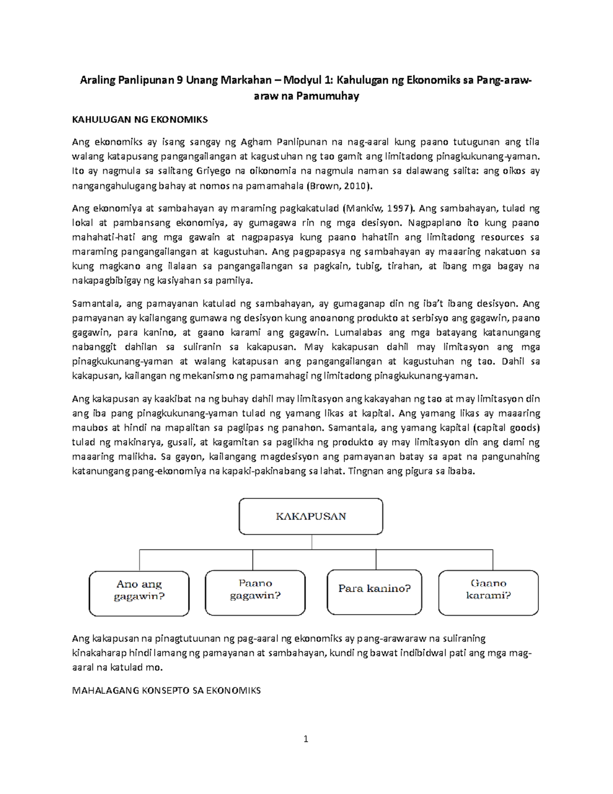 AP9 Economics HAND OUT Q1 - Araling Panlipunan 9 Unang Markahan – Modyul 1: Kahulugan ng ...