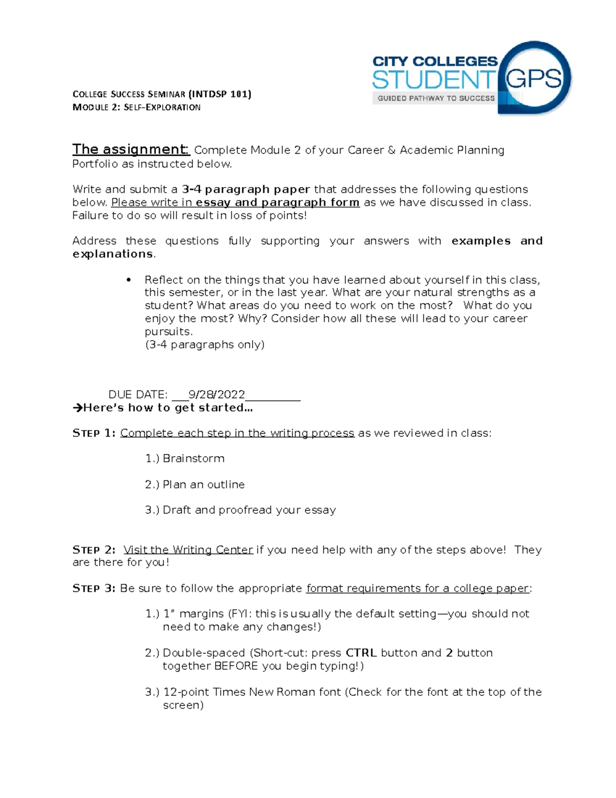 Module 2 - assignment - COLLEGE SUCCESS SEMINAR (INTDSP 101) MODULE 2 ...