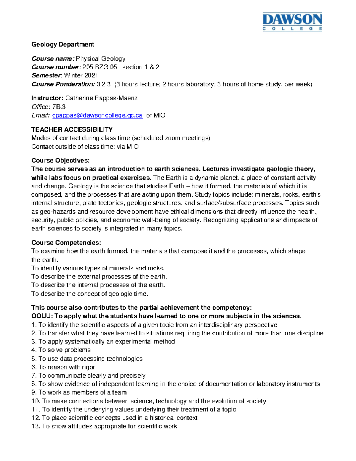 course outline - physical geology - Geology Department Course name ...