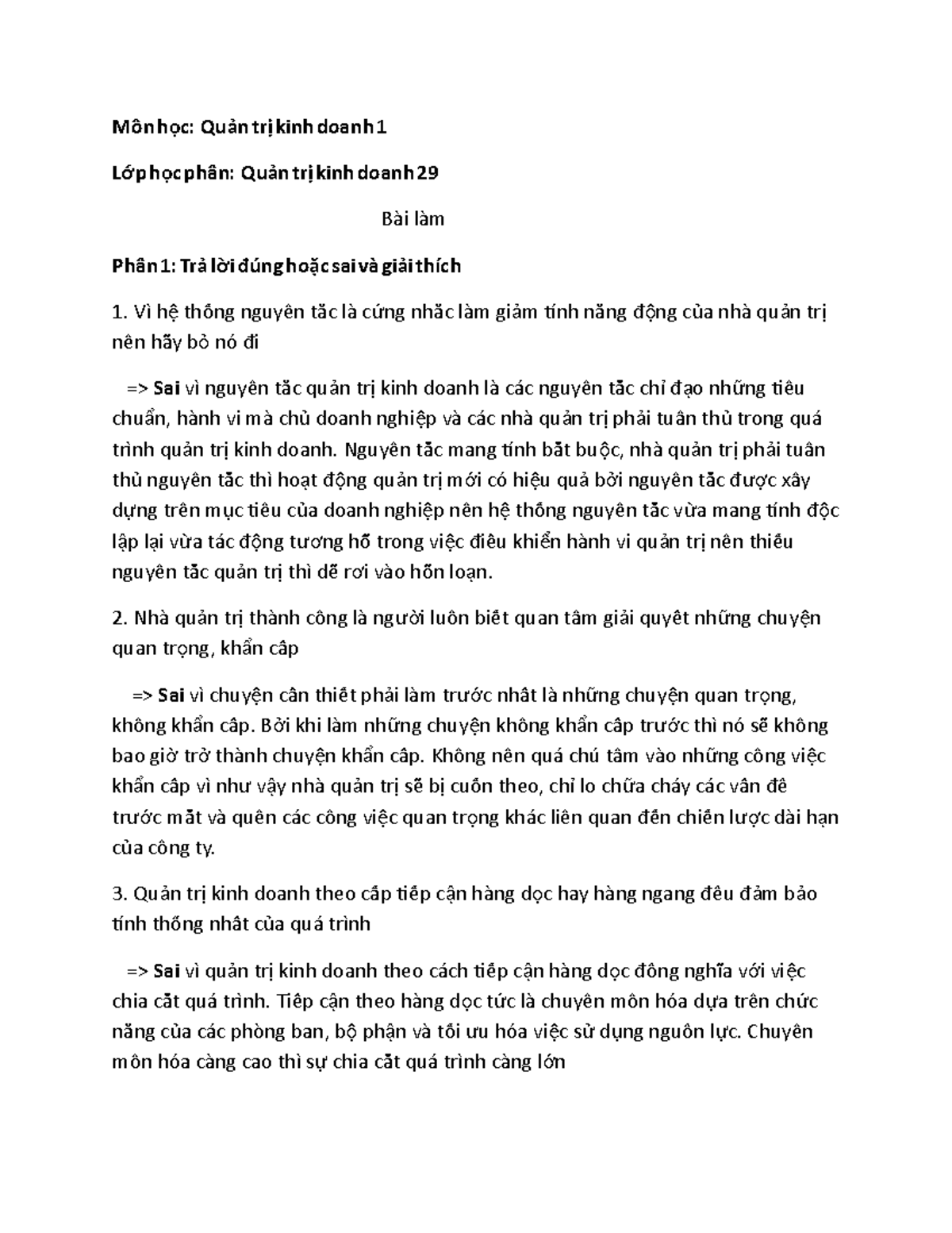 Qtkd - giải giữa kì môn quản trị kinh doanh 1 - Môn h c: Qu n tr kinh doanh 1 ọ ả ị L p h - StuDocu