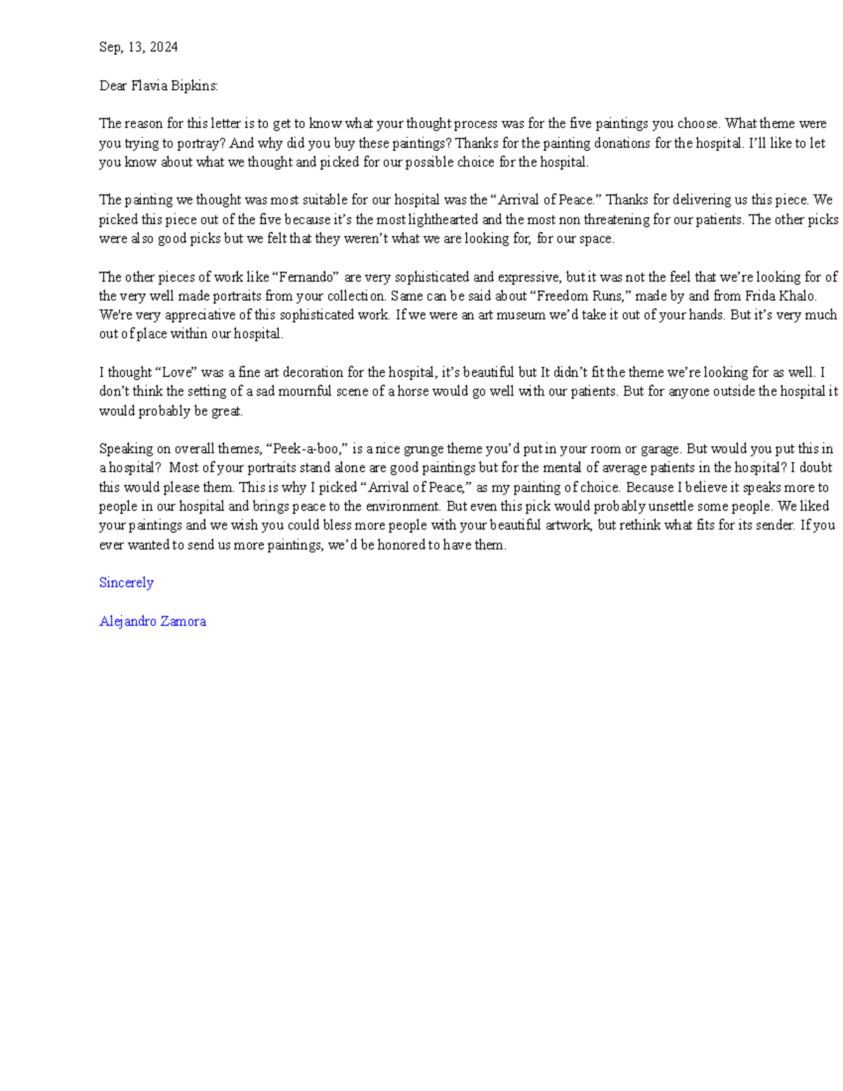 Letter to Fiavia - Sep, 13, 2024 Dear Flavia Bipkins: The reason for ...