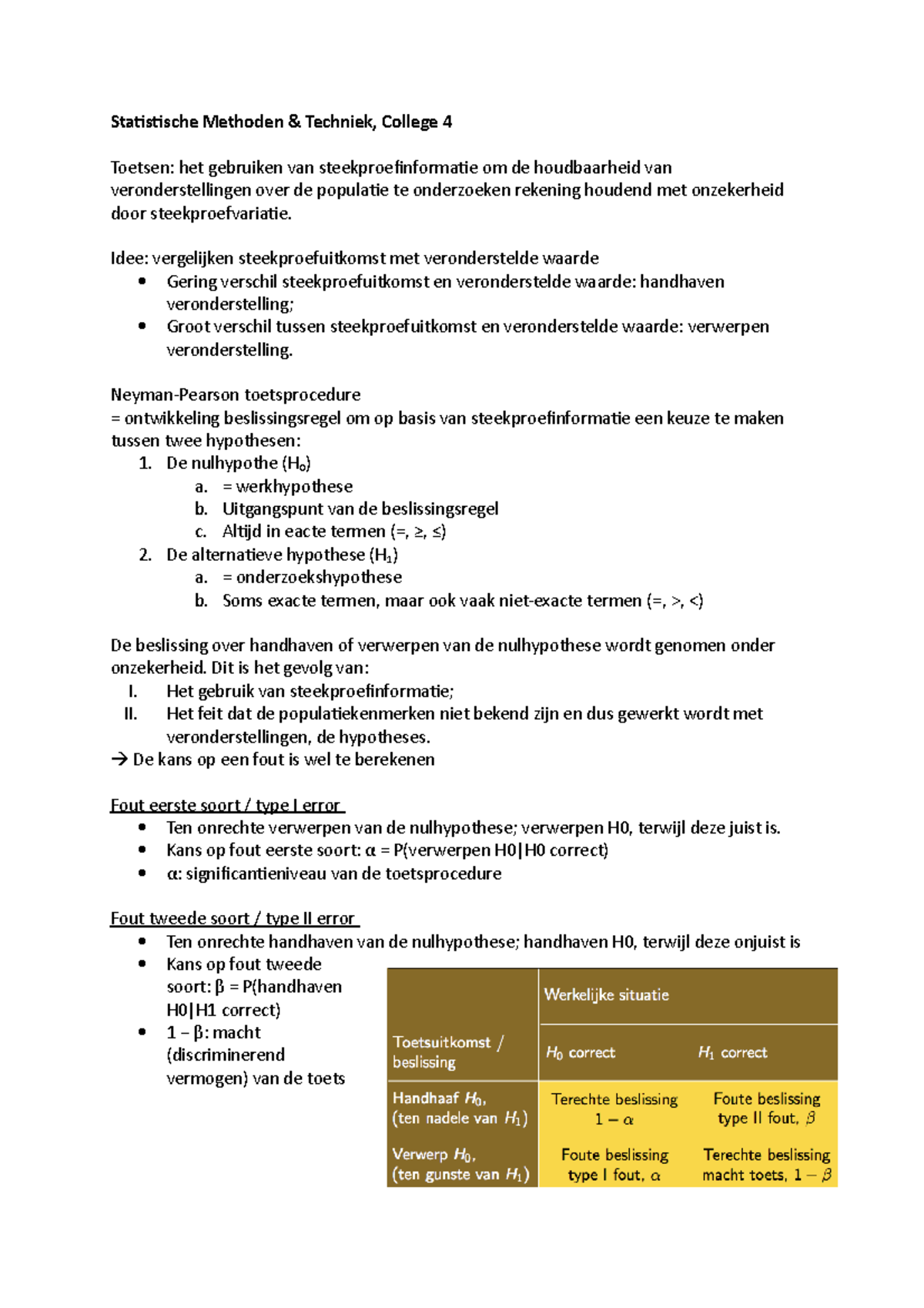 College 4 - Pennings & van Dalen - Statistische Methoden & Techniek ...