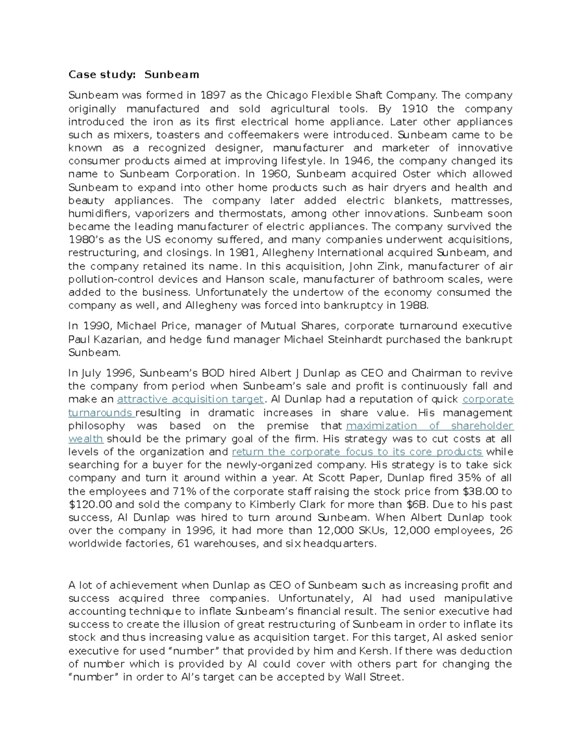 4.1. Case study -Sunbeam-SV - Case study: Sunbeam Sunbeam was formed in 1897 as the Chicago ...