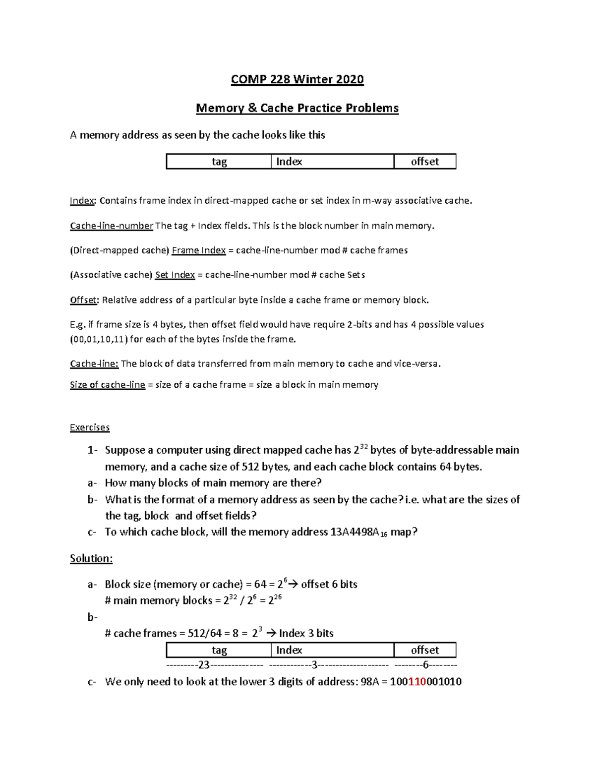 Sample Cache Problems - COMP 228 Winter 2020 Memory & Cache Practice ...