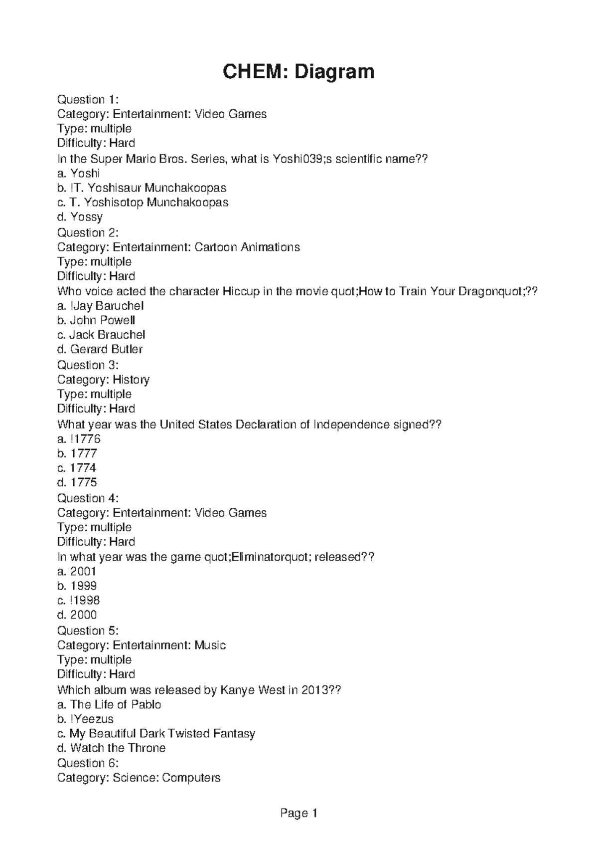 CHEM148 Group Assignment 2 - CHEM: Diagram Question 1: Category: Entertainment: Video Games Type ...