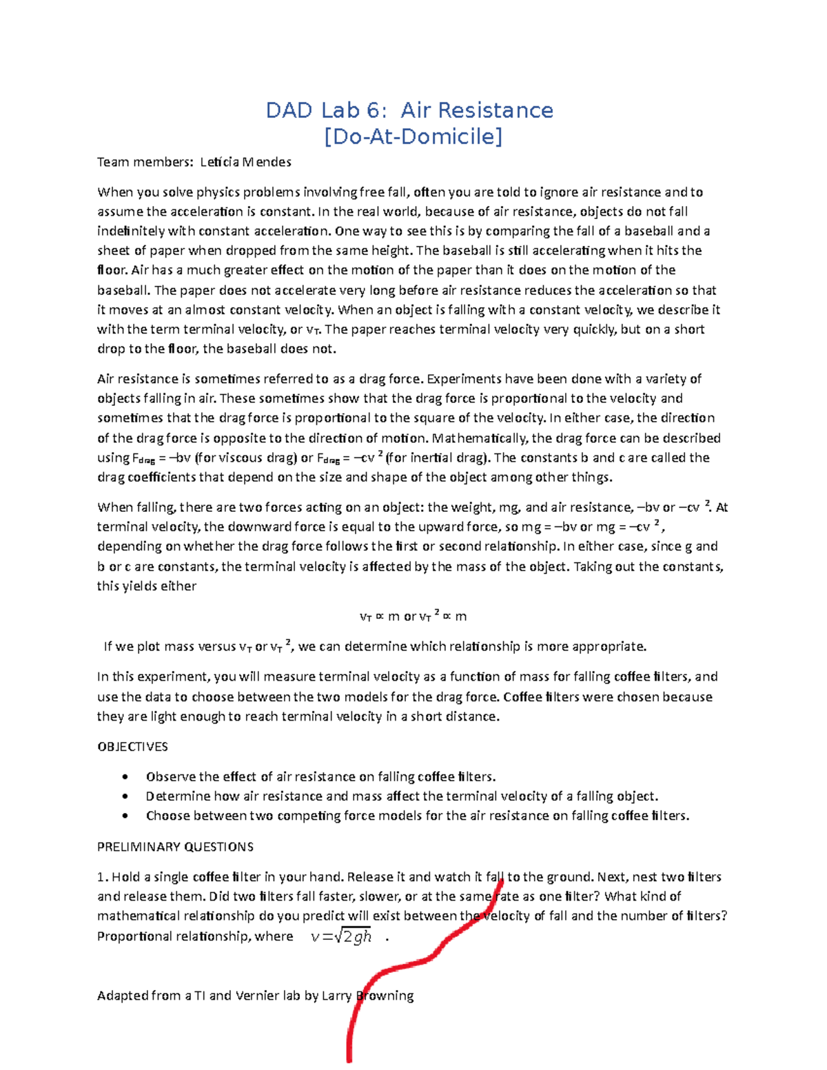 DAD Lab 8 Air Resistance - DAD Lab 6: Air Resistance Team members ...