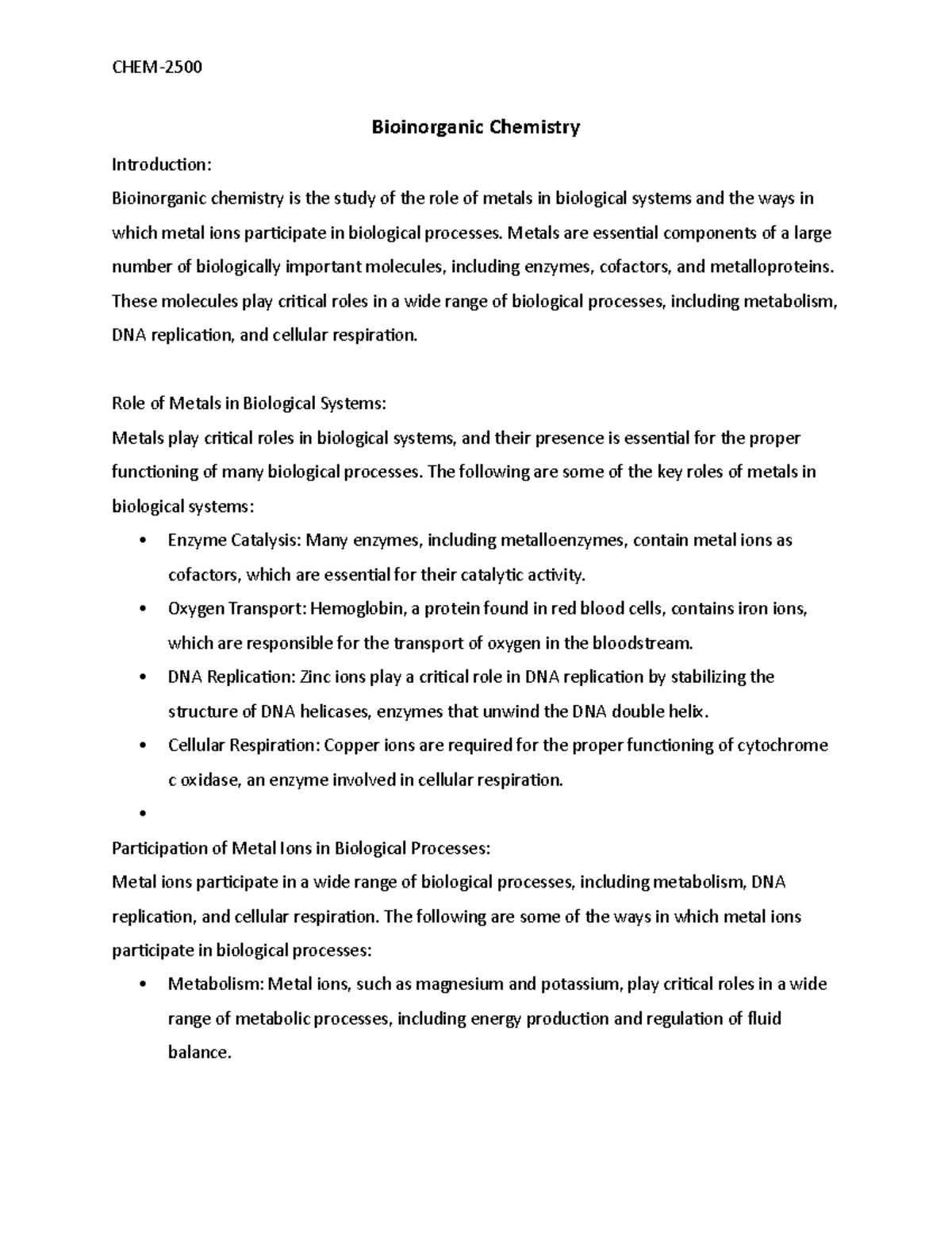 Bioinorganic chemistry: including the role of metals in biological ...