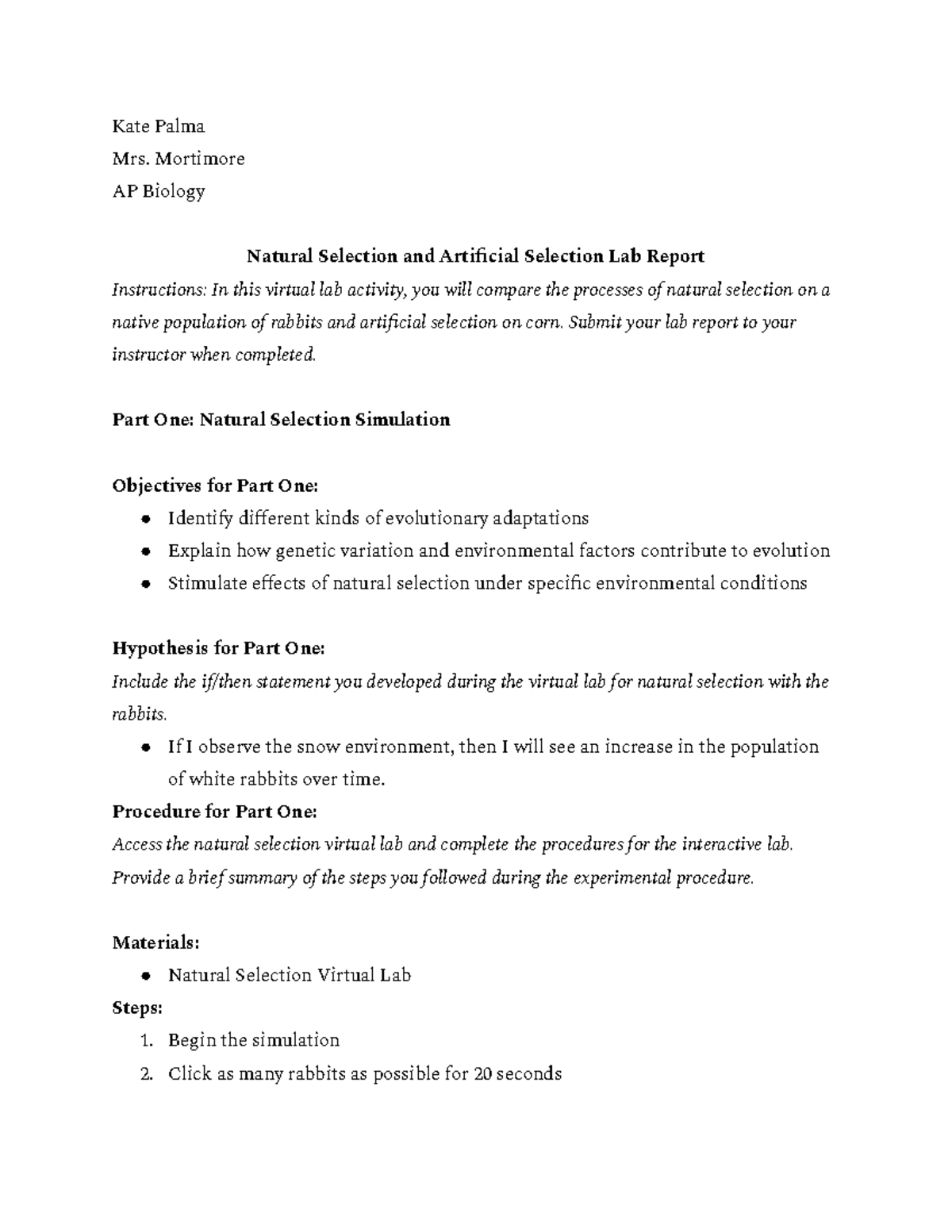 07.02 Artificial Selection Lab Report - Kate Palma Mrs. Mortimore AP ...