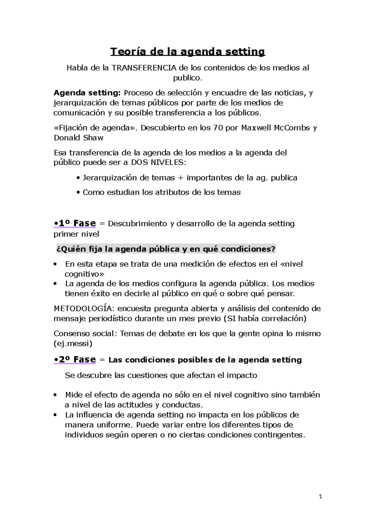 Remix teo - resumen teo - Teoría de la agenda setting Habla de la TRANSFERENCIA de los ...